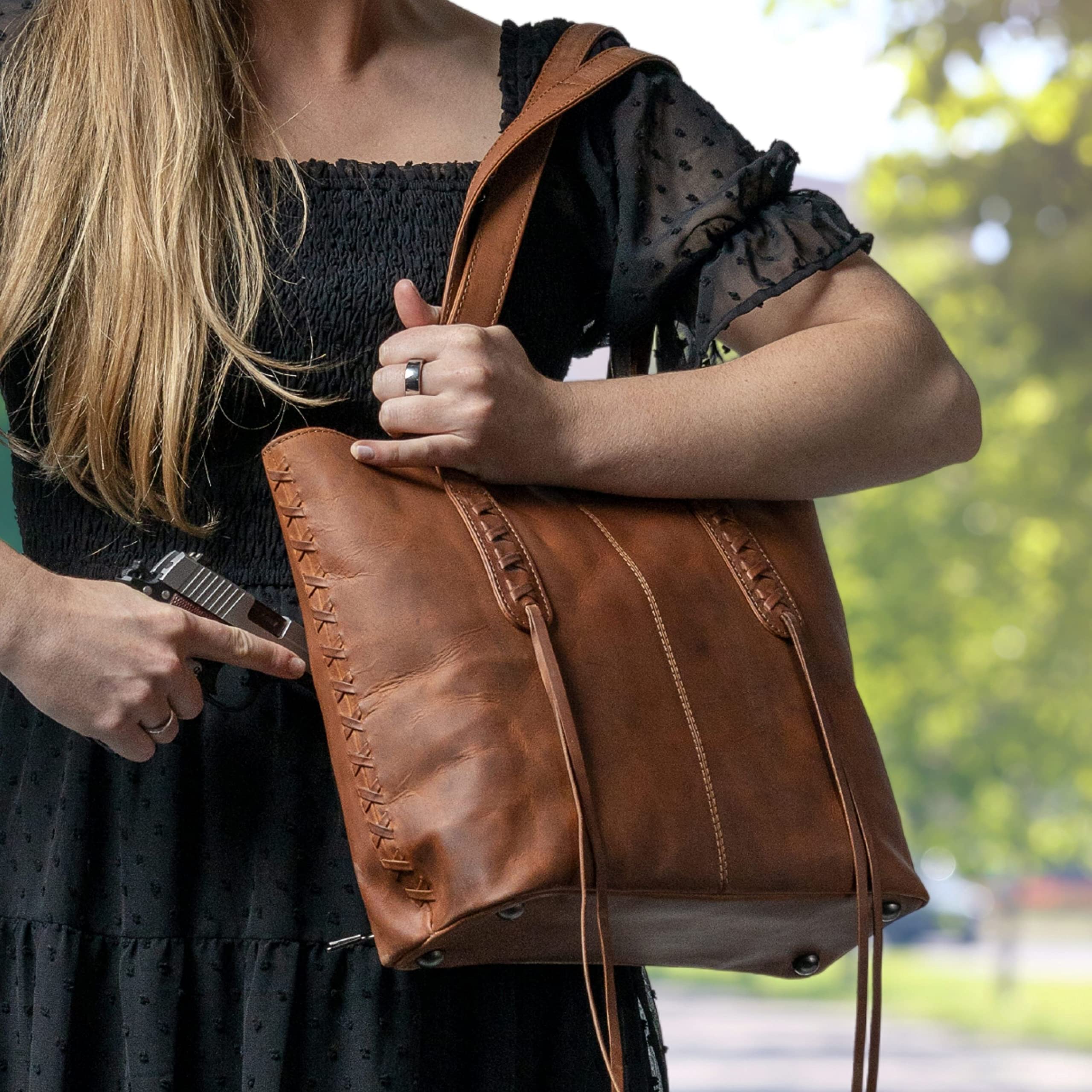 Lady Conceal Concealed Carry Large Leather Norah Laced Tote (Cognac)