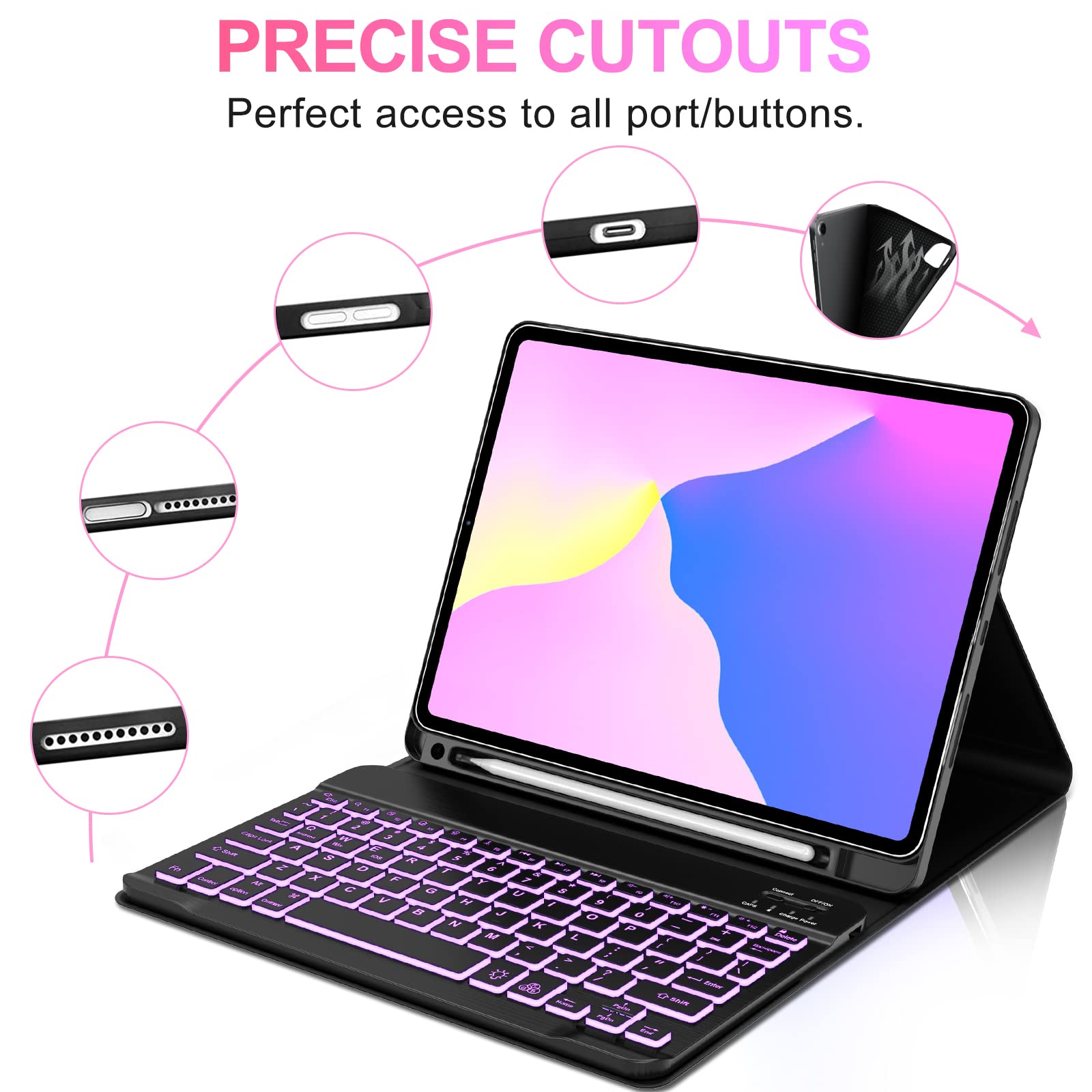 iPad Air 5th Gen 2022/4th Gen 2020 Keyboard Case 10.9 Inch, Smart 7 Colors Backlit and Detachable Wireless Keyboard, Slim Folio Cover with Pencil Holder, for Pro 11 Inch 4th/ 3rd/ 2nd/ 1st Gen, Black