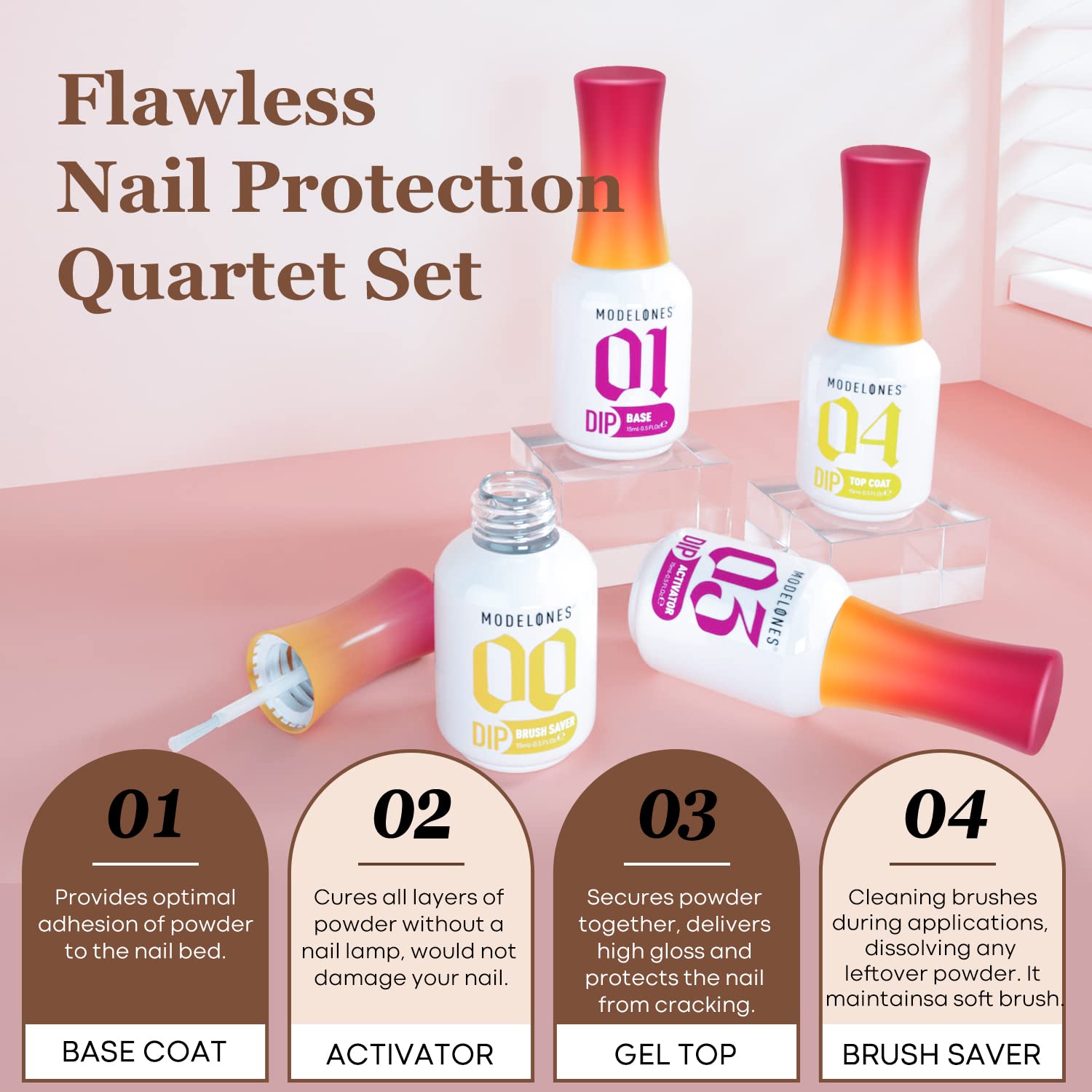 Modelones 4+4 Pcs Dip Powder Liquid Set, Dipping Powder System Set with Base Coat/Top Coat/Activator/Brush Saver/Manicure Tools for Nail Art DIY Salon