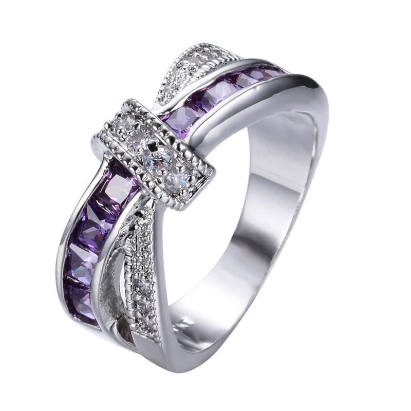 NP Silver Rings Personalized Engraved Cross-Finger Birthstone Ring Sterling Silver 925 Promise Ring for Her Wedding Band Ring Engagement Ring(Purple,7)