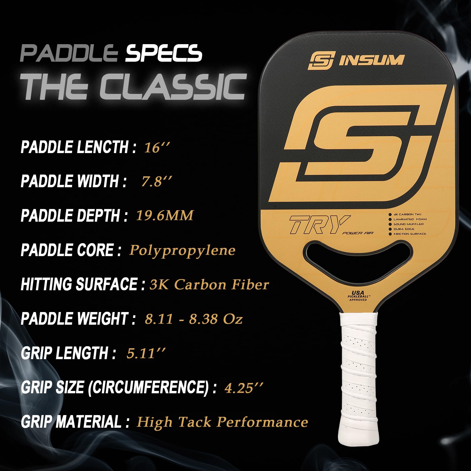 INSUM Burned Pickleball Paddle Edgeless - Power AIR Series - 3K Carbon Abrasion Surface (CAS),19.6mm Thermoforming PP Core