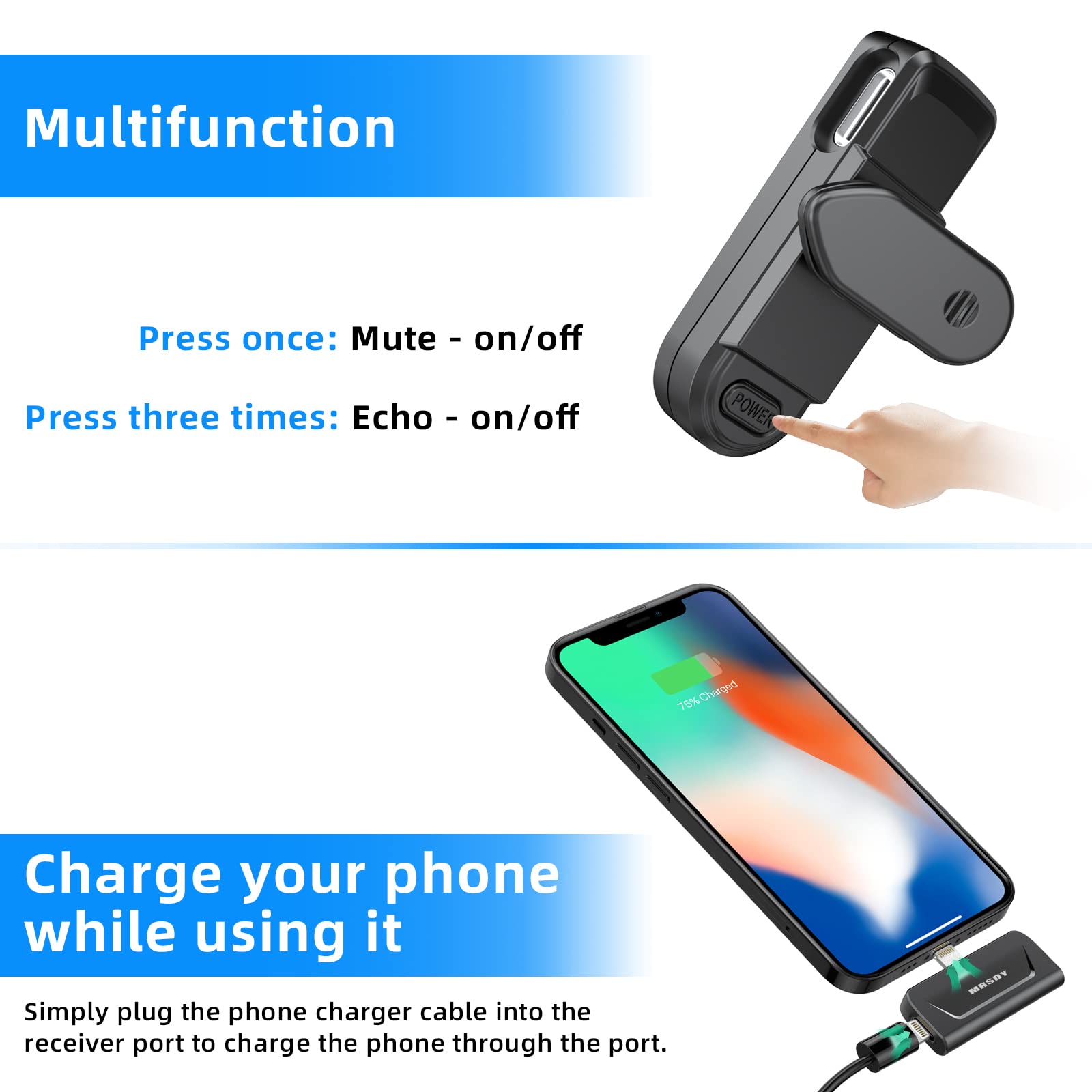 MRSDY 2 Pack Wireless Lavalier Microphone for iPhone iPad, Plug and Play Wireless Lapel Mini Mic with Noise Reduction, for Recording, Streaming, Interview, Video, Podcast, Vlog