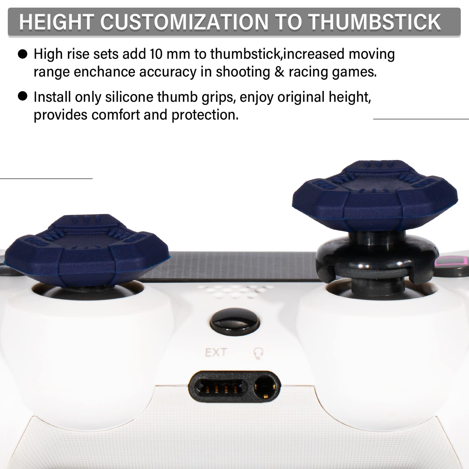 Playrealm FPS Thumbstick Extender & Texture Rubber Silicone Grip Cover 2 Sets for PS5 & PS4 Controller (UFO Blue)