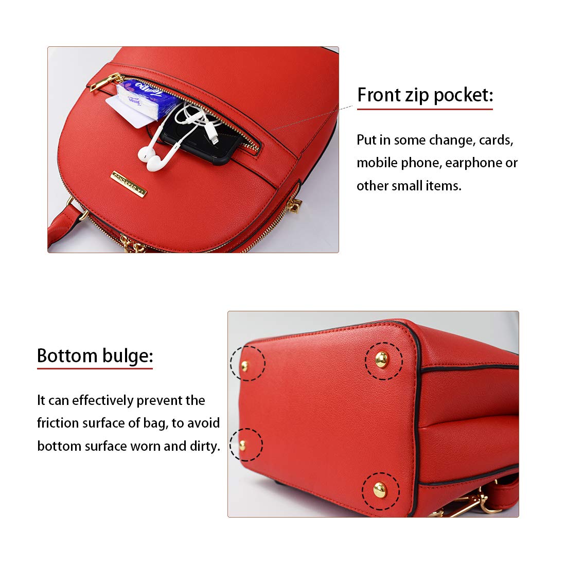 LA DEARCHUU Fashion Backpack Purse for Women Designer PU Leather Travel Bag Convertible Shoulder Bag Backpack Red