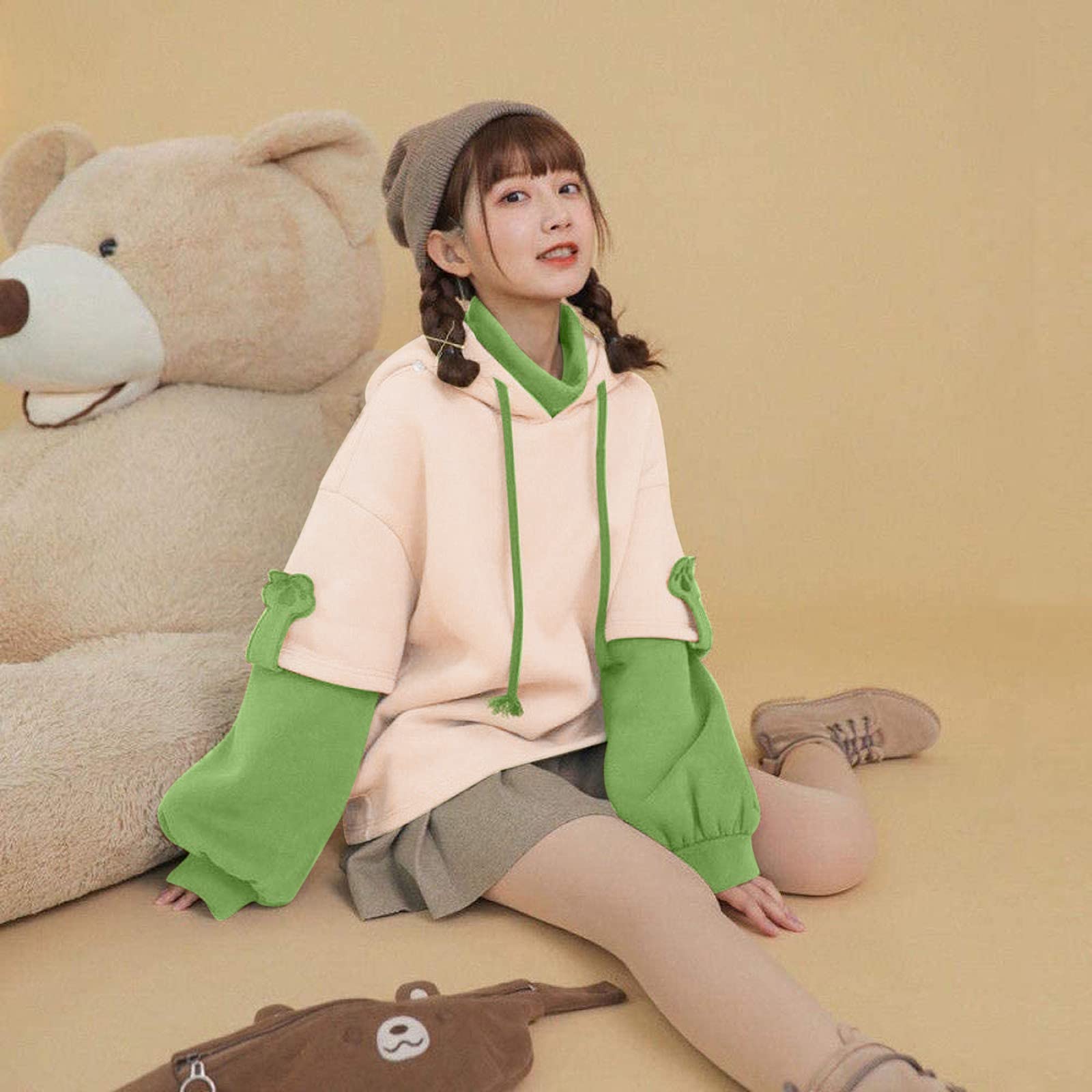 Mimacoo Cute Bear Hoodies for Teen Girls Brown Sweatshirt Long Sleeve Shirts Oversized Pullover with Personality Bag