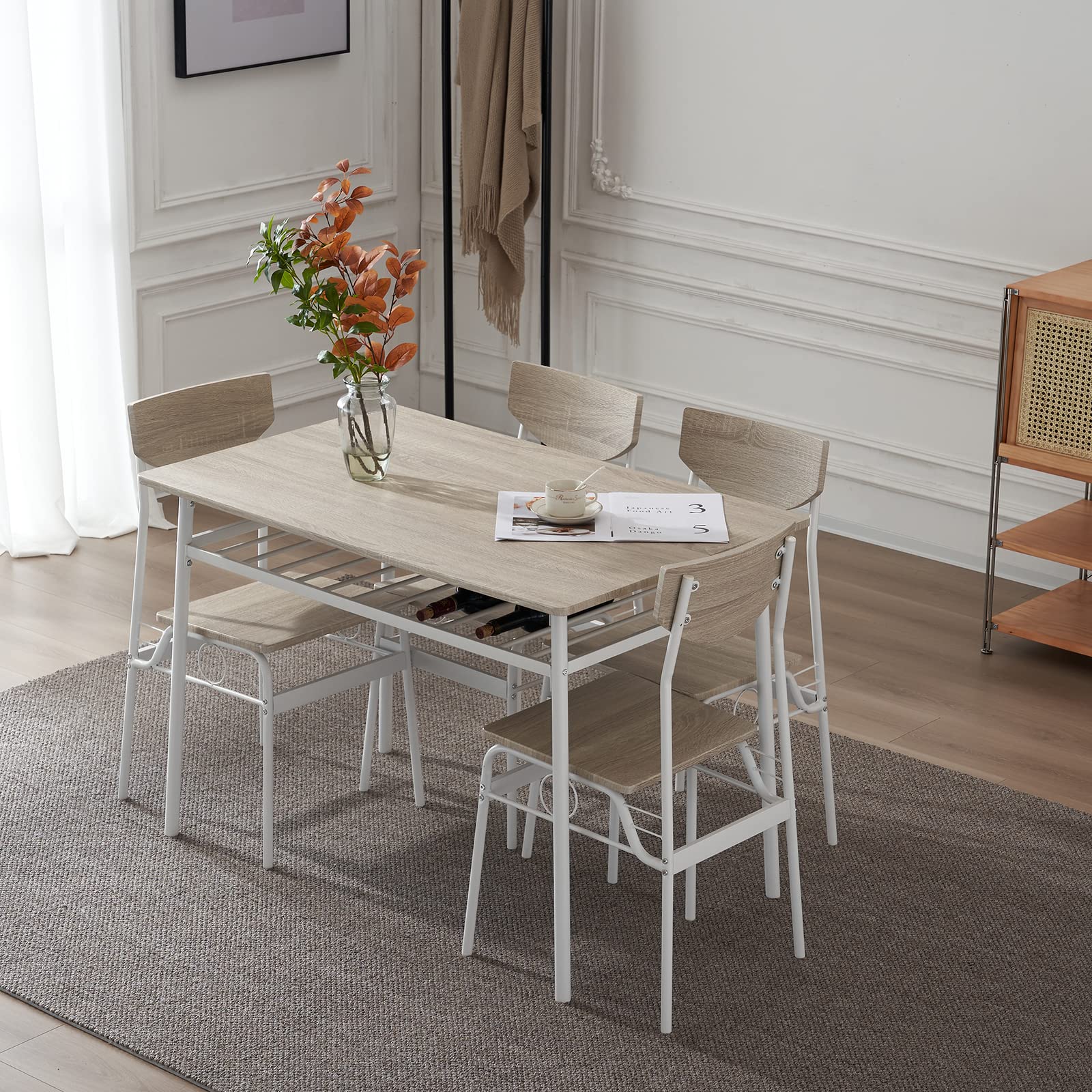 Karl home 5-Piece Dining Table Set for 4, Rectangular Table and 4 Chairs, Farmhouse Table Set for Kitchen & Dining Room, Industrial Metal Frame & Storage Rack, Save Space (White)