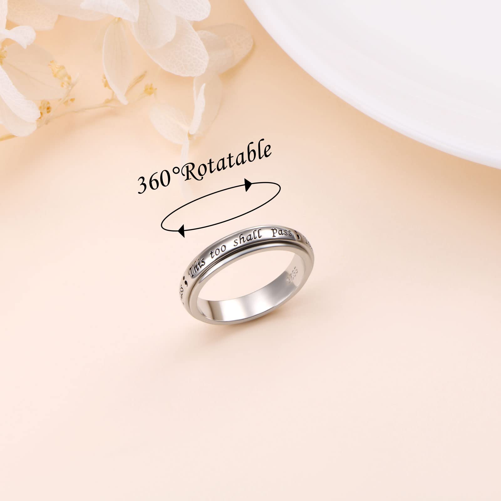 Ladytree Semicolon Anxiety Relieve Spinner Rings Sterling Silver This Too Shall Pass Fidget Ring ADHD Stress Relieving Ring Size 7