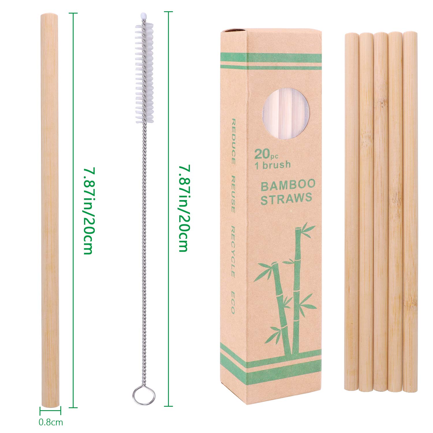 Q-DIRT PRO Reusable Bamboo Drinking Straws 7.8 Inches 100% Natural Eco Friendly Biodegradable and Organic 20 Sticks Bamboo Wooden Straw Includes Cleaning Brushes