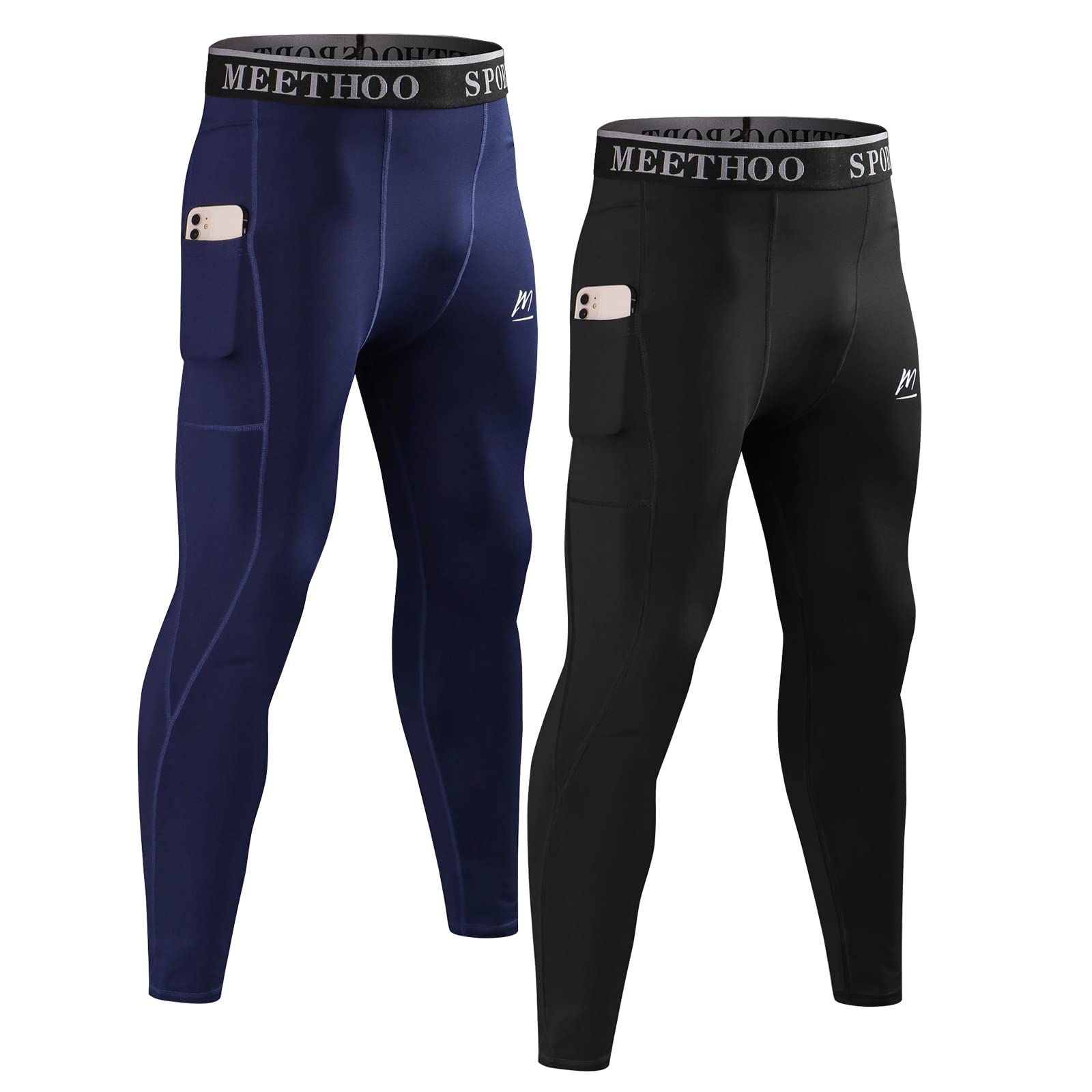 MEETWEE Thermal Pants for Men, Winter Ski Base Layer Long Johns Compression Tights Cold Weather Leggings for Heat Retention Black Blue Large