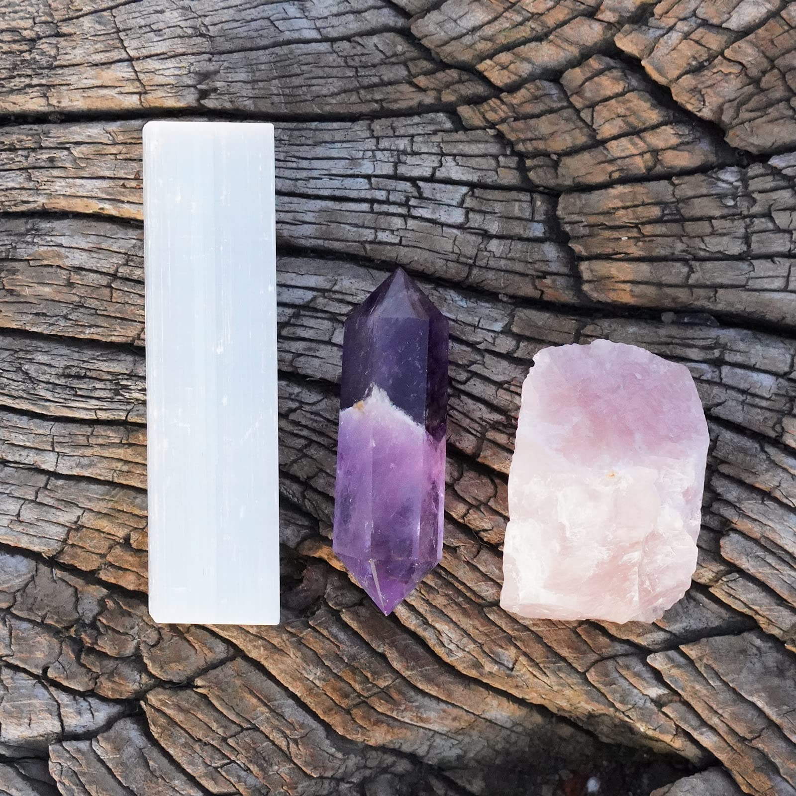 MIMOSA Healing Crystal Point Double Terminated Amethyst, Raw Rose Quartz &Selenite (Small)