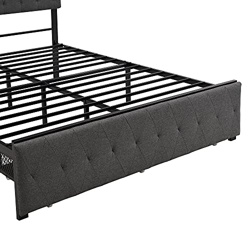 TARTOP Queen Size Upholstered Platform Bed with Storage Drawer, Metal Queen Bed Frame with Headboard,No Box Spring Required,Gray