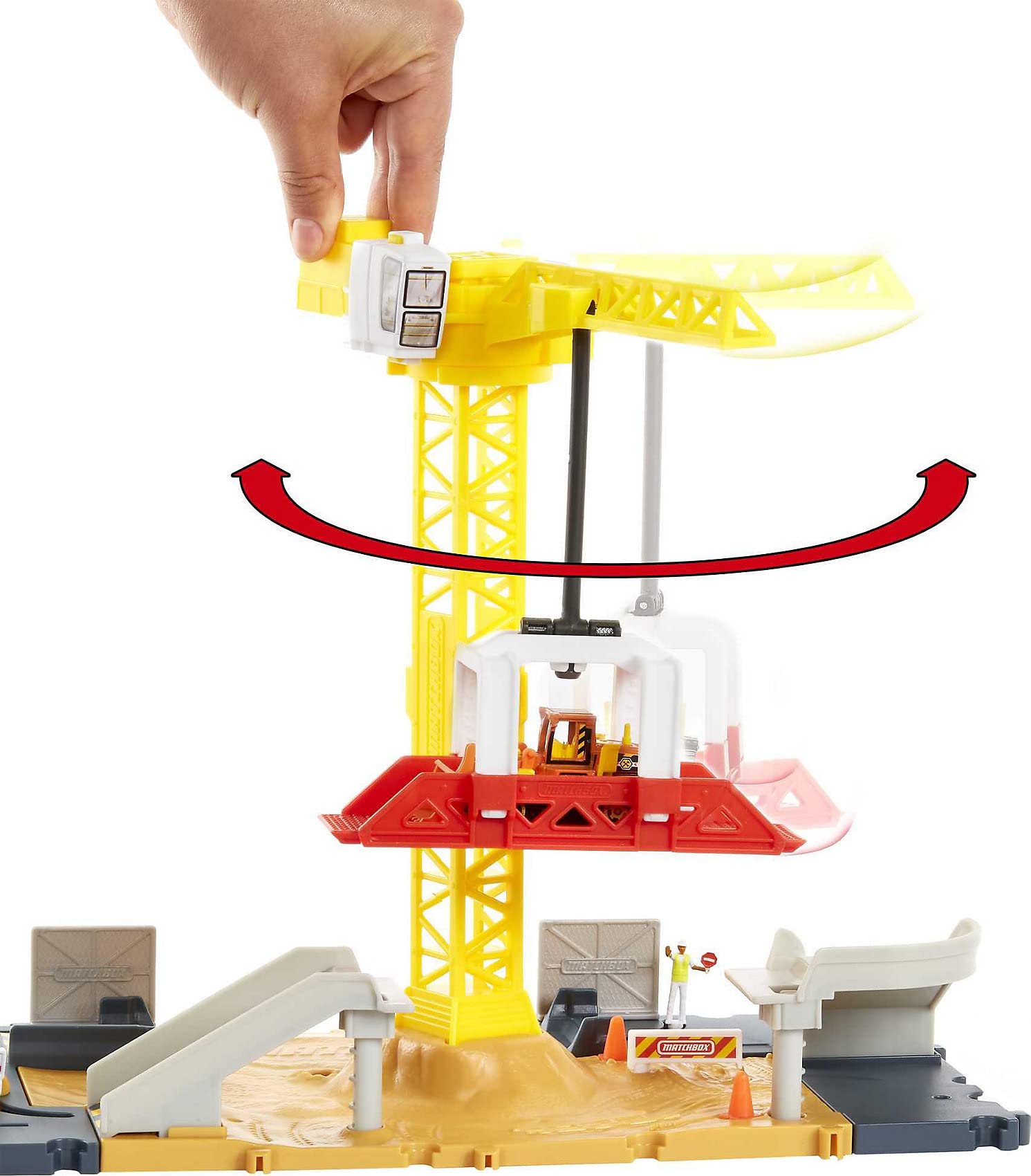 Matchbox Action Drivers Construction Playset, Moving Crane, Car-Activated Features, Includes 1 Matchbox Toy Bulldozer, for Kids 3 Years Old & Older