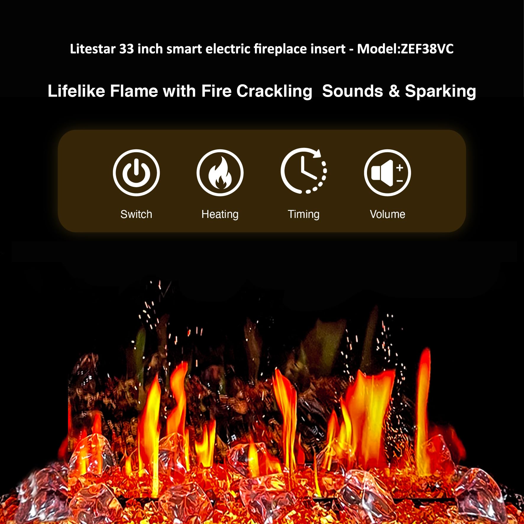 Litedeer Homes LiteStar 38" Smart Electric Fireplace Insert with App, Crackling Fire Sounds, Diamond-Like Crystal, Black - ZEF38VC-C