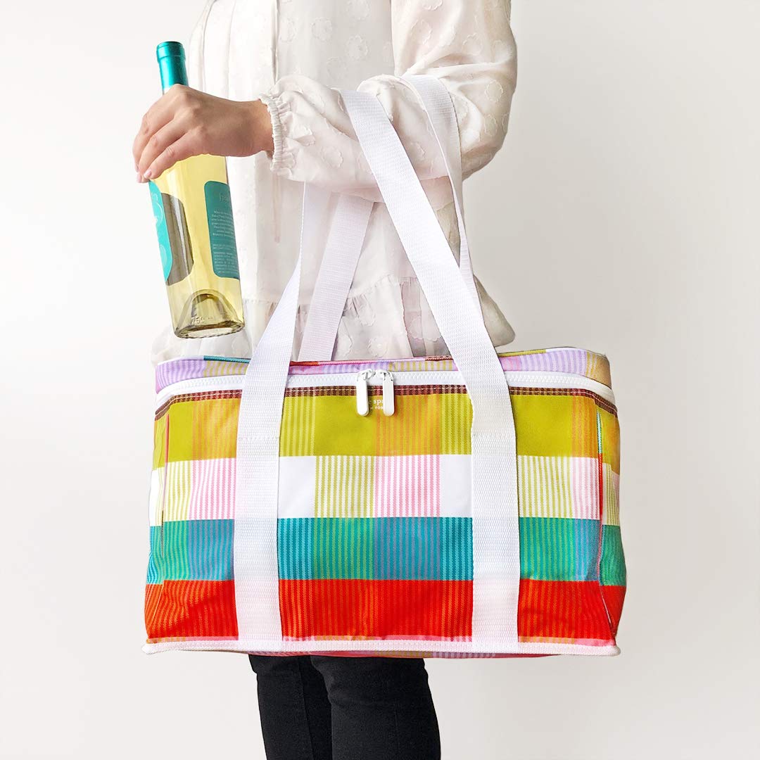 Kate Spade New York Large Capacity Insulated Cooler Bag, Soft Sided Portable Beach Cooler, Insulated Tote for Women, Rainbow Plaid