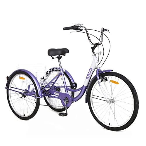 KNUS Adult Tricycle Trikes,7 Speed 3-Wheel Bikes,26 Inch Wheels Cruiser Bicycles with Large Shopping Basket for Women and Men -Purple