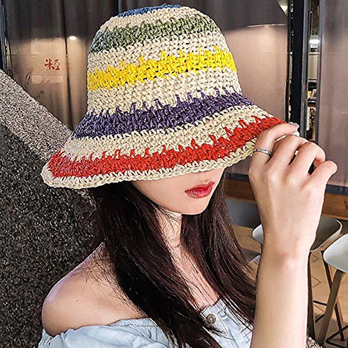 Minache Foldable Wide Brim Colorful Crochet Straw Hat Outdoor Sun Visor Hat UPF 50+ Summer for Women Girl, Creamy White