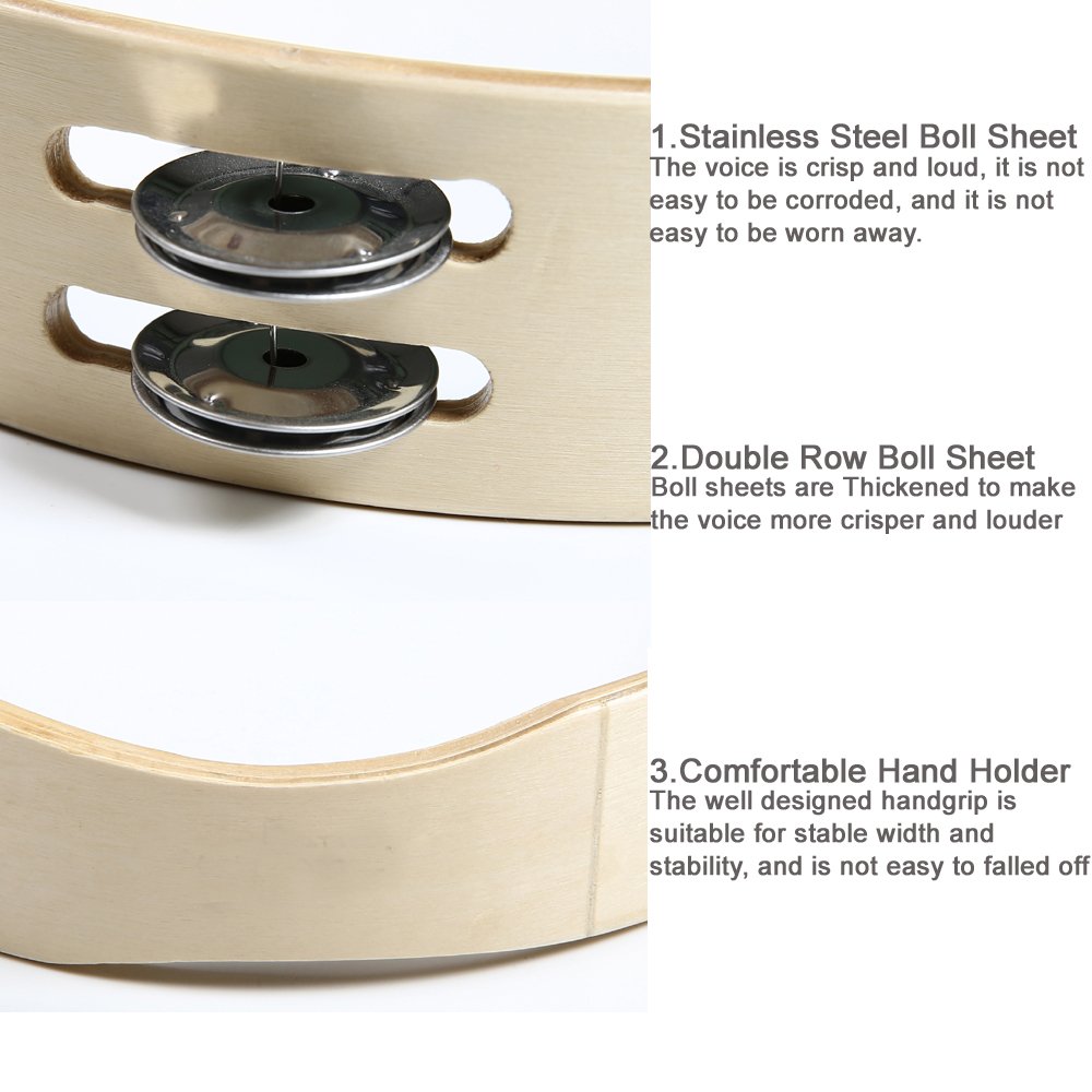 Lightweiht Thicken Wood Handheld Tambourine - Double Row 8 Pairs Jingles, Hand Tambourine Hand Tambourine (25cm(9.8 in))