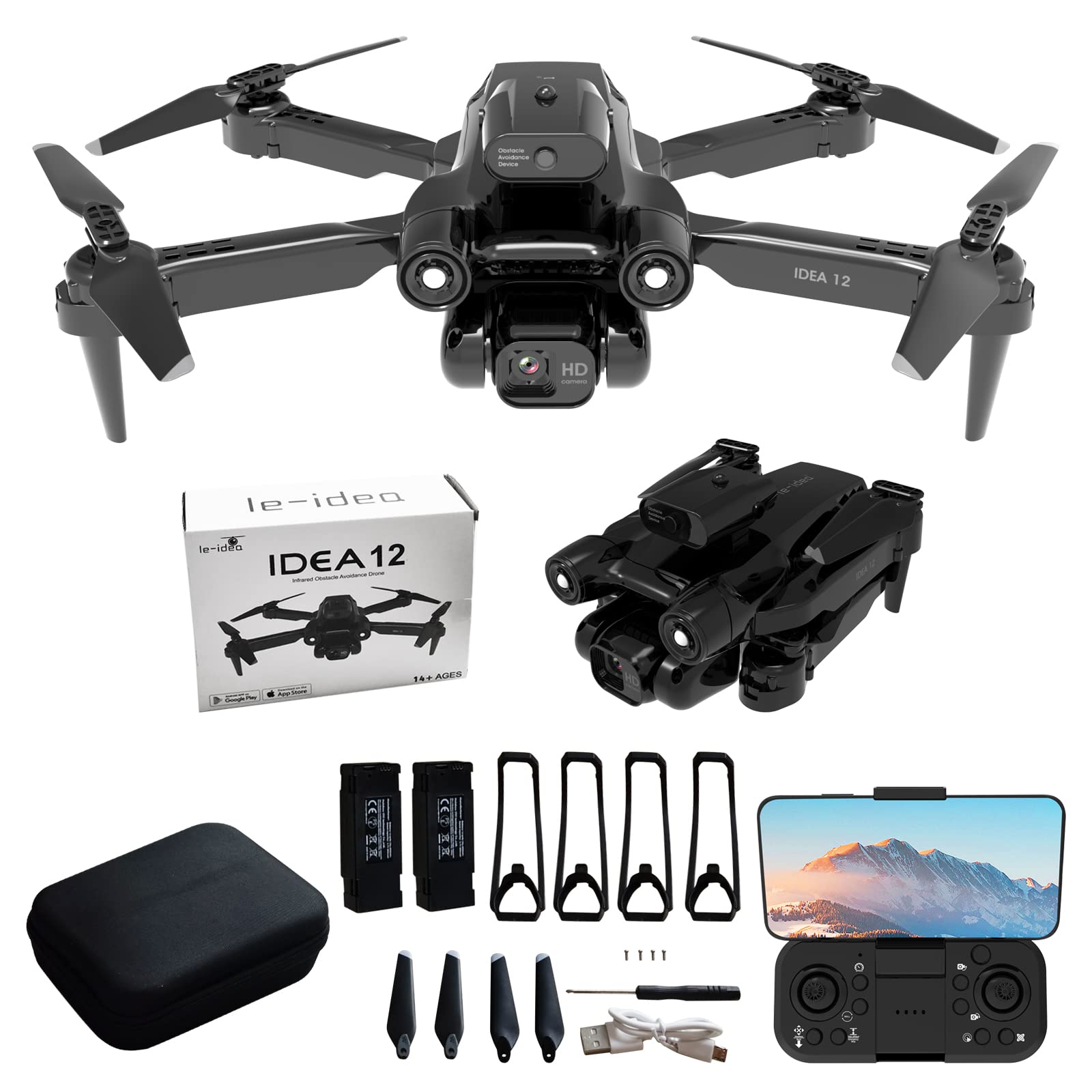 IDEA12 Drones with 1080P Camera for Adults, Foldable FPV RC Drone Quadcopter with 360°Active Obstacle Avoidance, Dual Cameras Helicopters, Altitude Hold, 360° Flip, Headless Mode, Carrying Bag