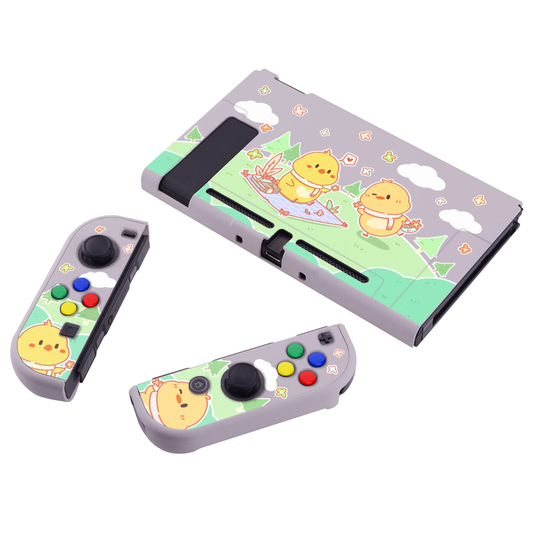 PlayVital Back Cover for Nintendo Switch Console, NS Joycon Handheld Controller Protector Hard Shell, Dockable Protective Case with Colorful ABXY Direction Button Caps - Picnic Fair