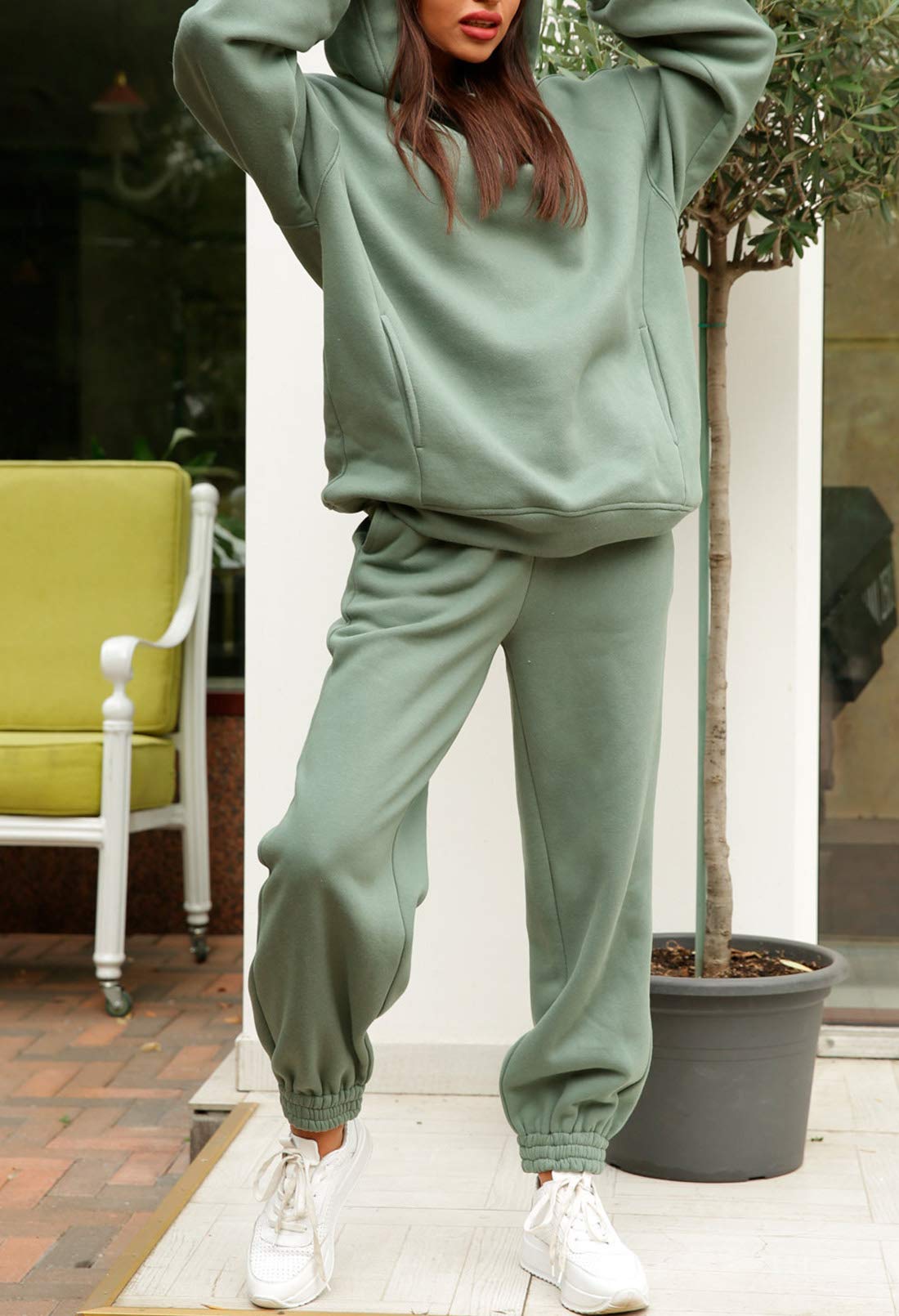 Linsery Sport Hoodie with Jogger Sweatpants Tracksuit Hooded 2 Piece Workout Set Sweatshirt Matching Jogging Suit Green XL