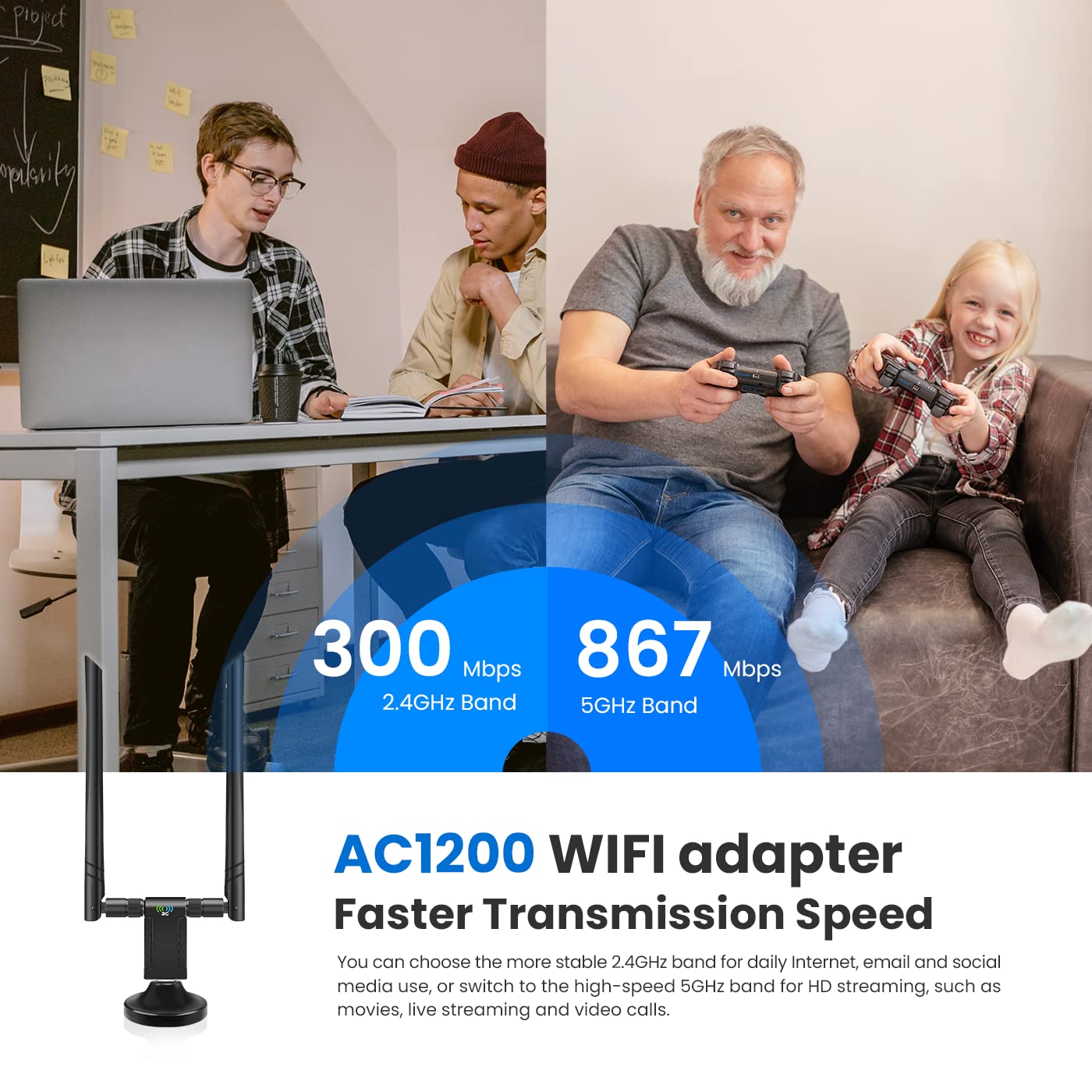 Tongyu USB WiFi Adapter for PC, AC1200Mbps USB 3.0 Dual Band WiFi Adapter for Desktop PC with Dual 5dBi Antennas, Supports Win11/10/8.1/8/7/XP, Mac OS 10.9-10.15
