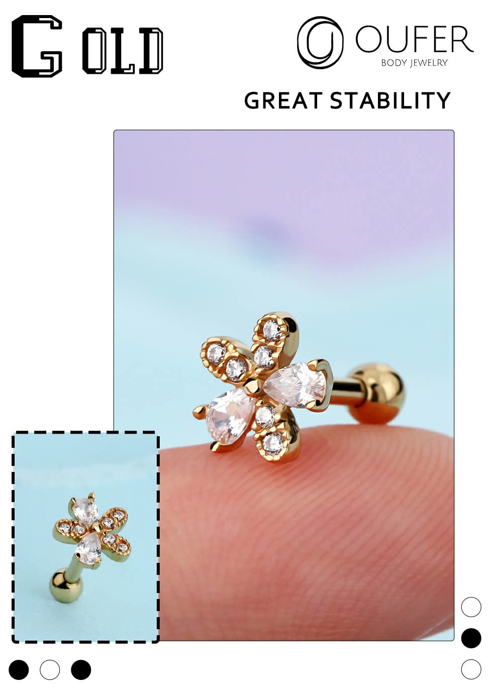 OUFER 16G Cartilge Stud Earrings, 9K Solid Gold Helix Piercing Jewelry, Clear CZ Tragus Daith Conch Forward Helix Body Ear Piercing Jewelry For Women And Men