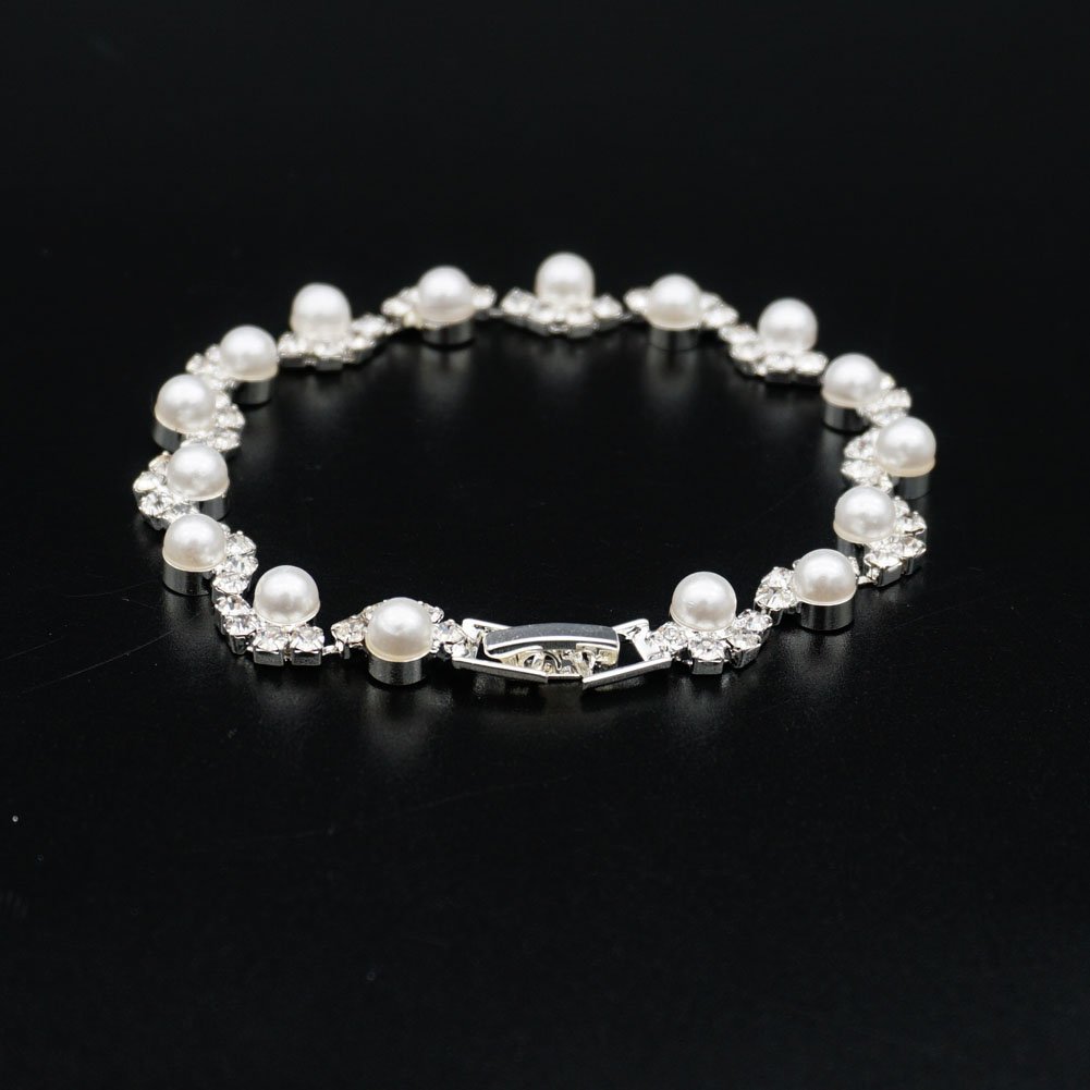 JSEA Womens 4mm Faux Pearl Wave Link Bracelet Silver Tone Rhinestone Bracelets Ladies