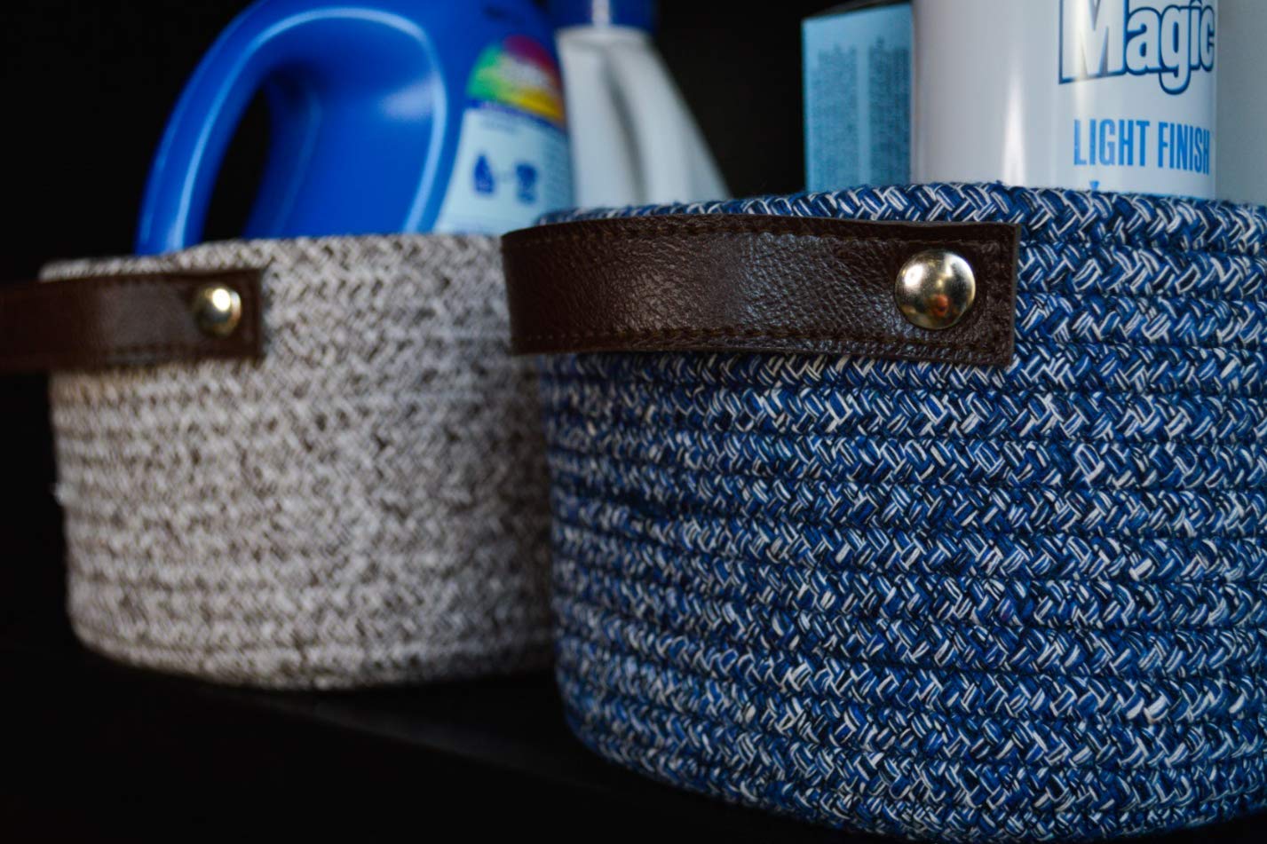 Little Bee Baskets | Small Woven Cotton Basket | Cute Rope Storage Basket for Organization | Small Storage Bin with Leather Handles | Gift Basket | (Blue)
