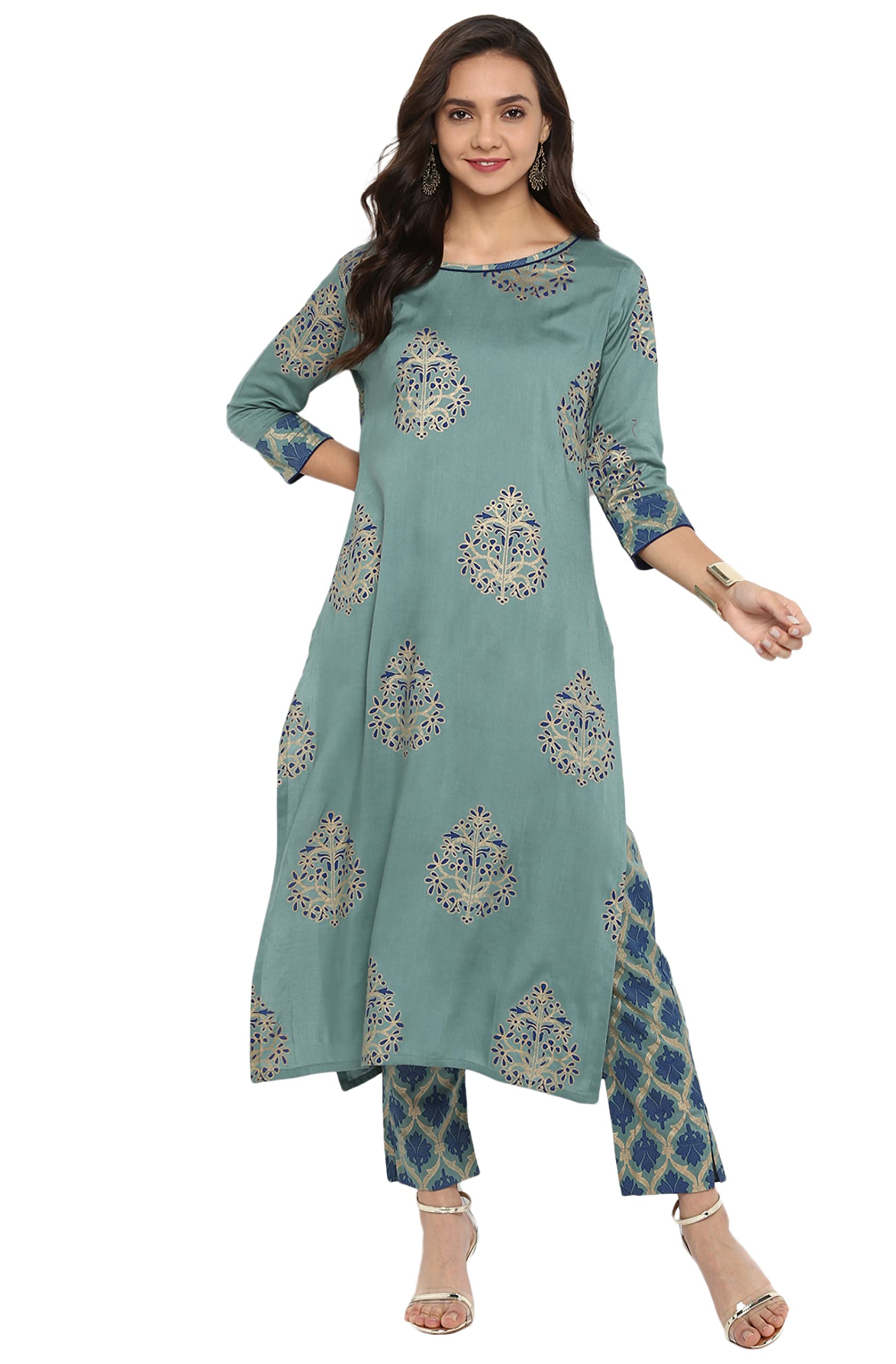 Janasya Indian Women's Tunic Tops Rayon Kurti Set for Women(SET094-KR-NP-S) Turquoise