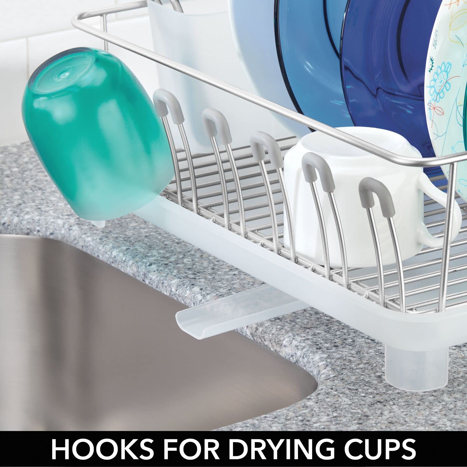 mDesign Alloy Steel Sink Dish Drying Rack Holder with Plastic Swivel Spout Drainboard Tray - Dish Rack/Dish Drainer Storage Organizer for Kitchen Counter - Concerto Collection, Chrome/Clear