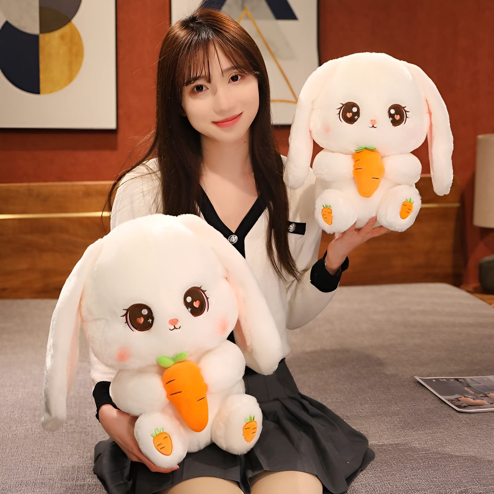 OULV Bunny Stuffed Animal Soft Toy Plushie Sitting Lop Eared Rabbit, Easter White Rabbit Stuffed Animal with Carrot Soft Lovely Realistic Long-Eared Standing Plush Toys