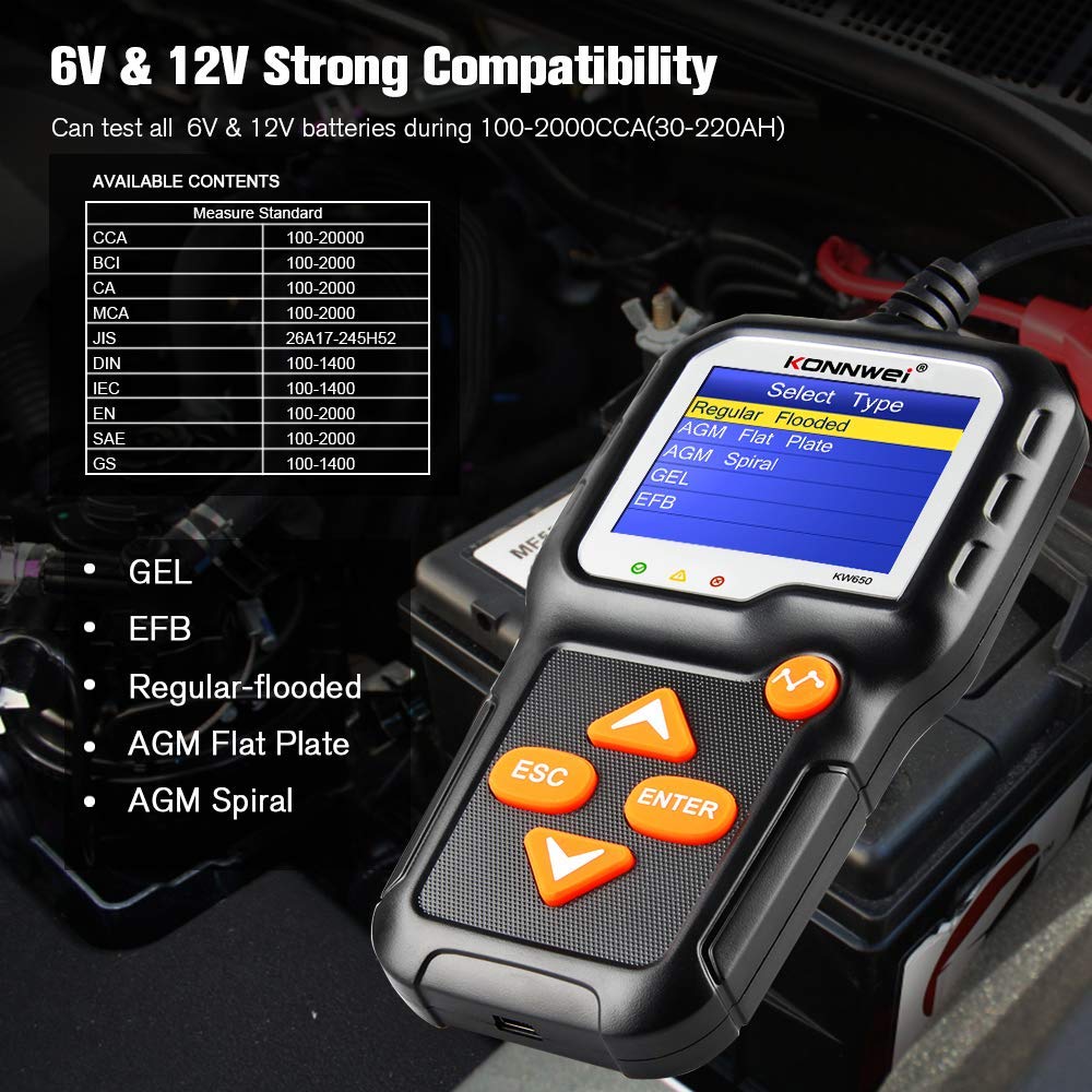 KONNWEI KW650 6V 12V Car Battery Tester, 100-2000 CCA Battery Load Tester Automotive Battery and Alternator Tester for Vehicles/Marine/Motorcycle/Lawn Mover