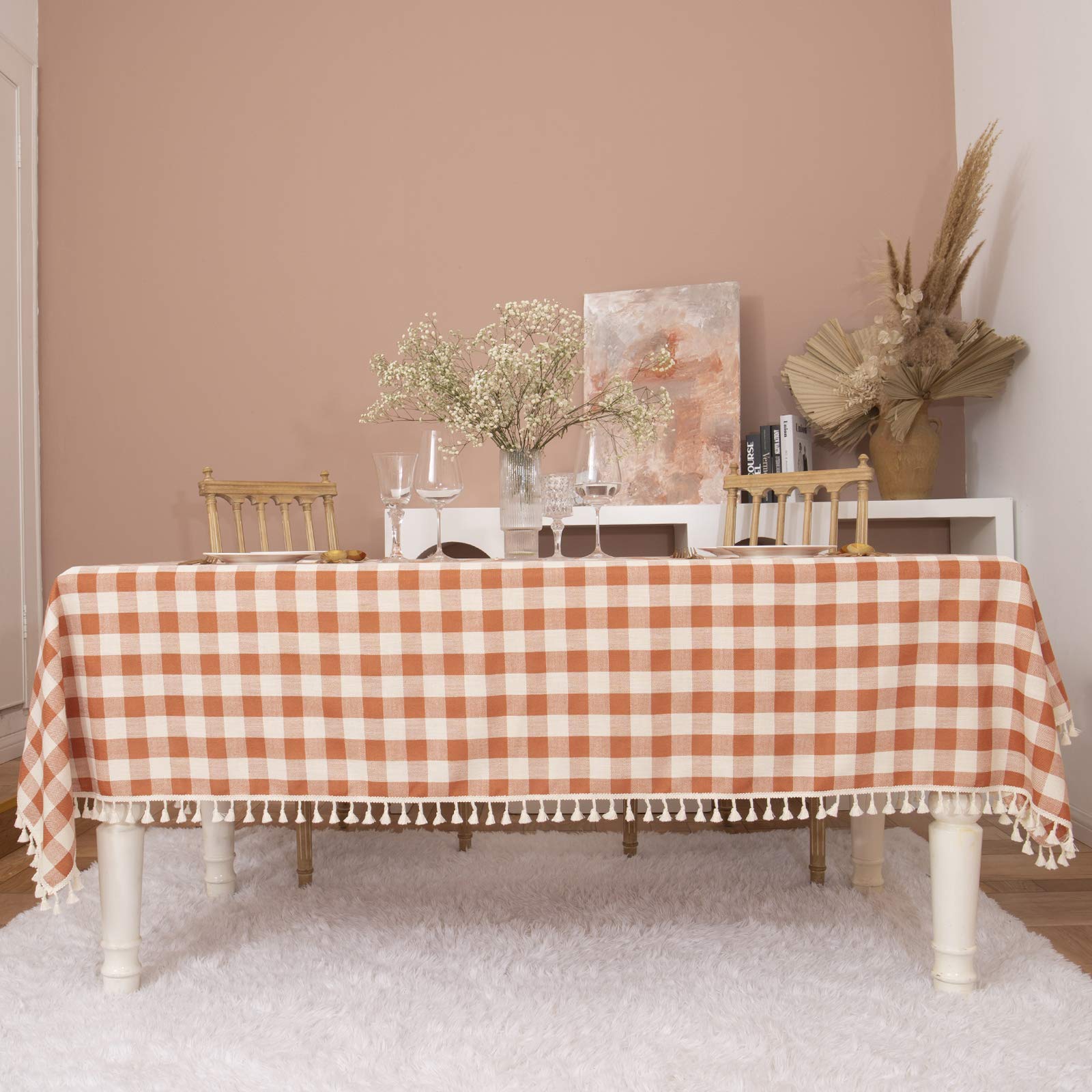 Midsummer Breeze Rustic Gingham Tablecloth, Cotton Buffalo Plaid Table Cloth for Fall Thanksgiving Christmas Kitchen Restaurant Holiday Outdoor Picnic Decoration(Rectangle/Oblong, 55x84,Orange