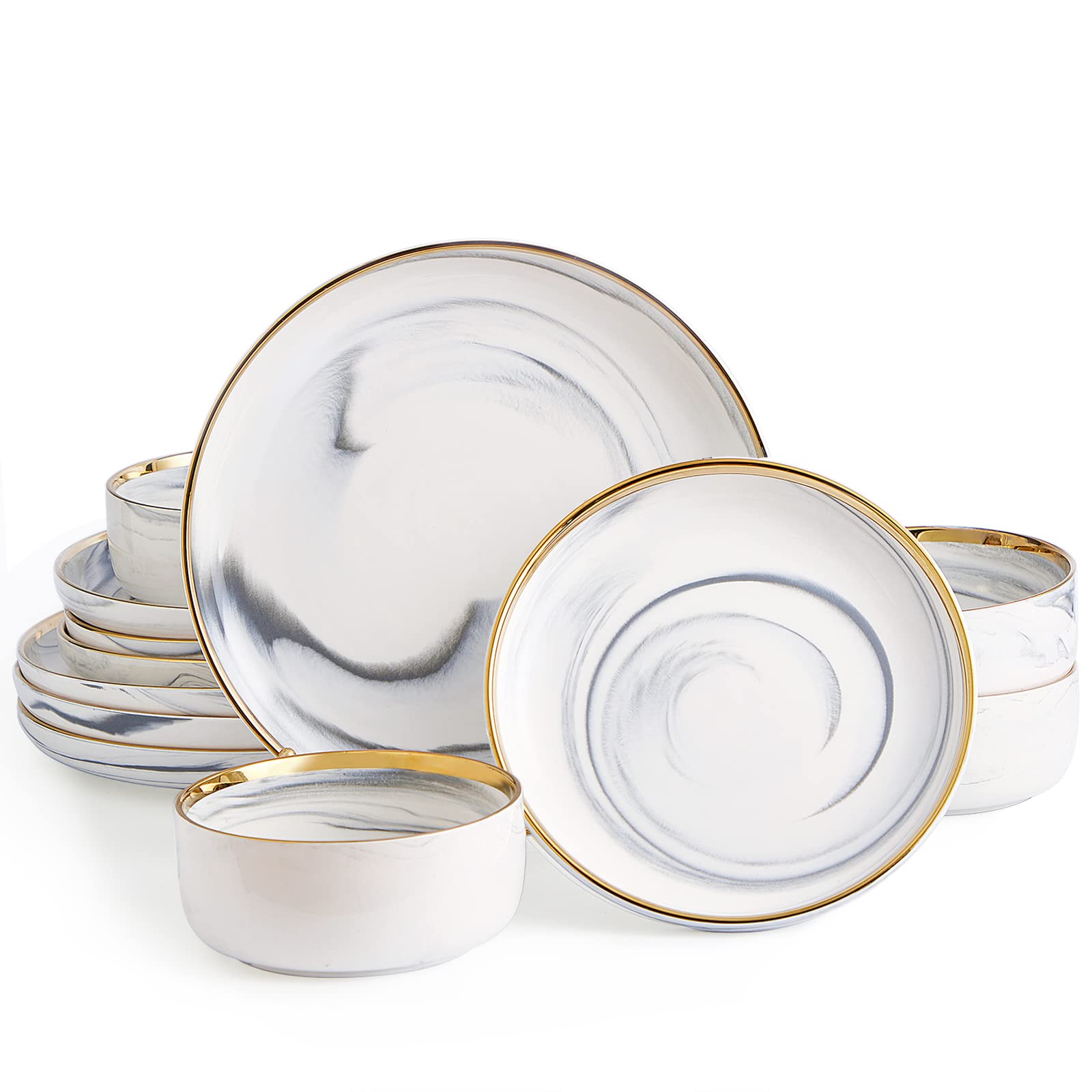 Pokini Dinnerware Sets, Marble Gold Line Plates and Bowls Sets Stoneware Dishes Set For 4, 12 Piece White Grey Marble Porcelain Round Dinner Dish Sets