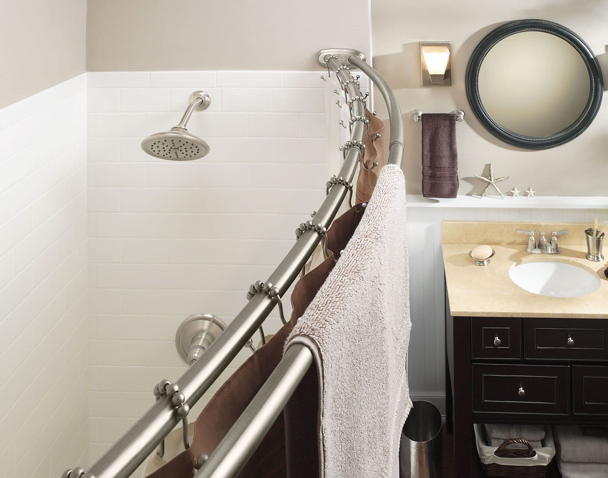 Moen Brushed Nickel Adjustable 57 to 60-inch Stainless Steel Double Curved Shower Curtain Rod, Wall Mounted with Fixed Brackets, DN2141BN