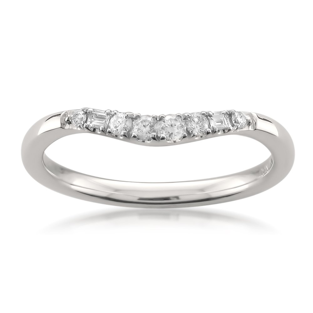 La4ve Diamonds 1/7 Carat Diamond, Pave-Set 14kt White Gold Baguette & Round Diamond Curved Wedding Band Ring (H-I, SI2-I1)