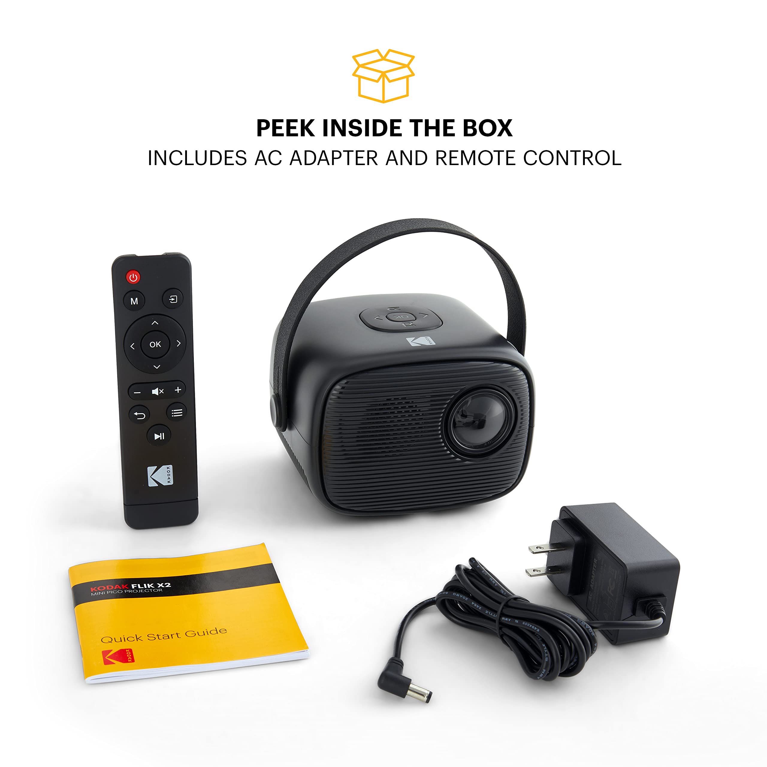 KODAK FLIK X2 Mini Pico Projector | Portable 100” Projector with Remote Control, Speakers & Carry Handle Plays Movies, TV & Games | Compatible with HDMI, USB, AV, MicroSD, Smartphone, Firestick, Black