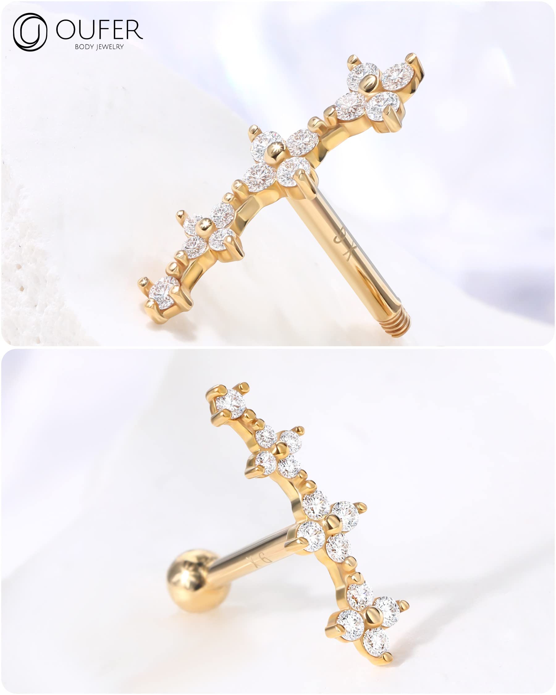 OUFER Gold Cartilge Stud Earrings, 16G 9K Solid Gold Helix Piercing Jewelry, Clear CZ Tragus Daith Conch Forward Helix Body Ear Piercing Jewelry