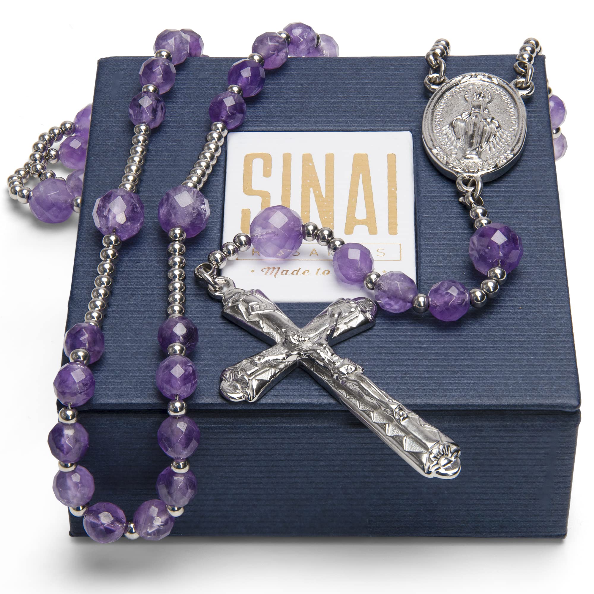 Our Lady Rosary Beads Catholic for Women, Miraculous Medal original Amethyst and Stainless Steel Rosary