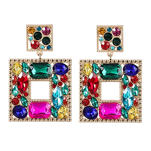 Mlouye Square Rhinestone Dangle Earrings For Women, Sparkly Crystal Geometric Drop Statement Chandelier Earrings Gold Tone Multicolor