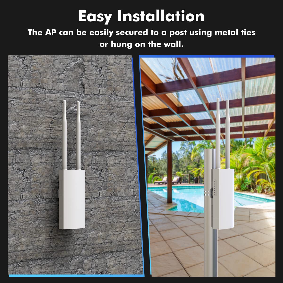 Outdoor WiFi Range Extender,UeeVii 2.4G/5.8G Wireless Gigabit Access Point with 2 * 5dbi Antenna, Power Amplifier,48V PoE Adapter, IP66 Weatherproof, Perfect for Backyard, Garage, Barn, Garage,1-Pack