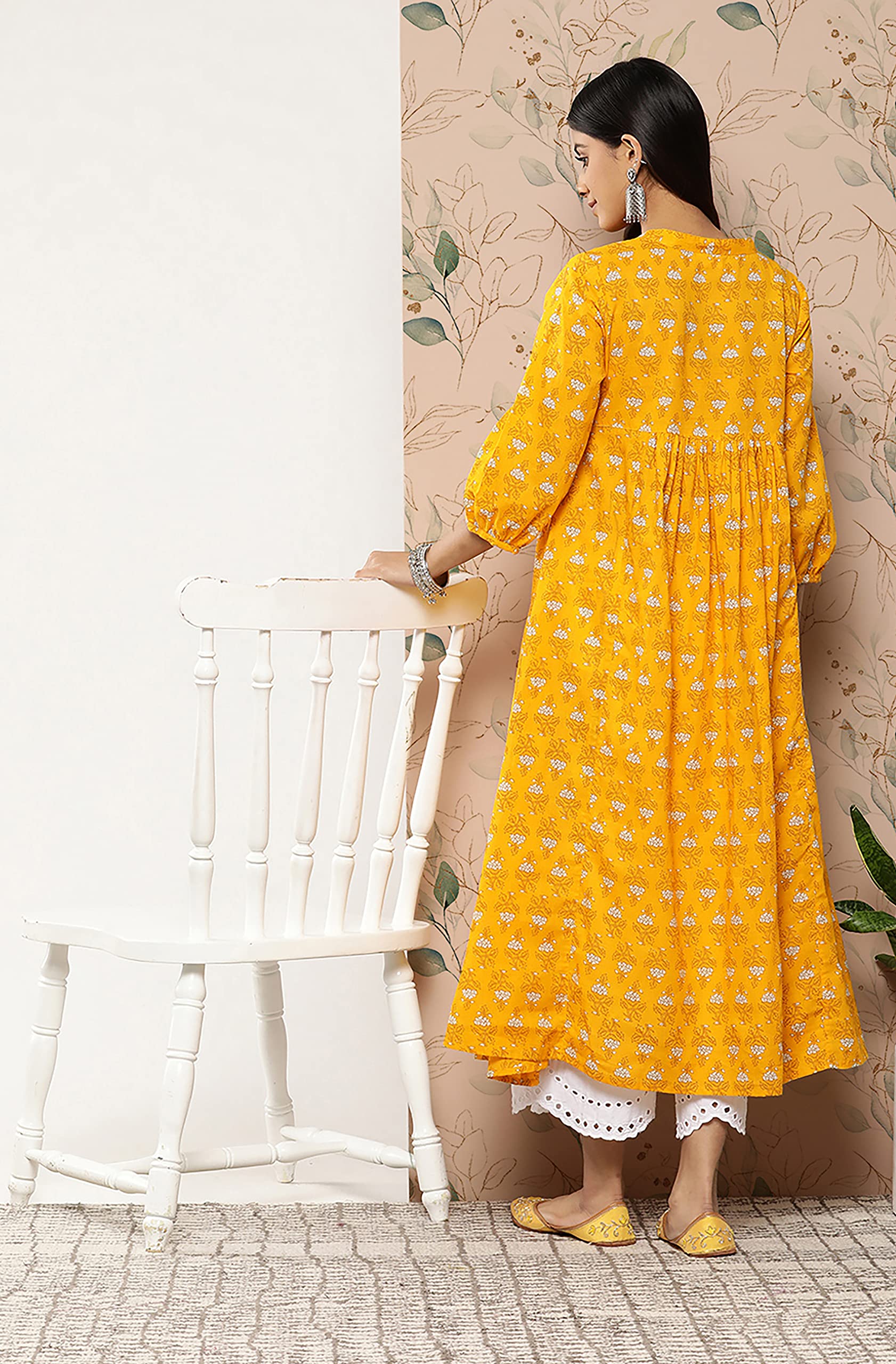 Janasya Indian Women's Mustard Cotton Botanical Printed Flared Kurta