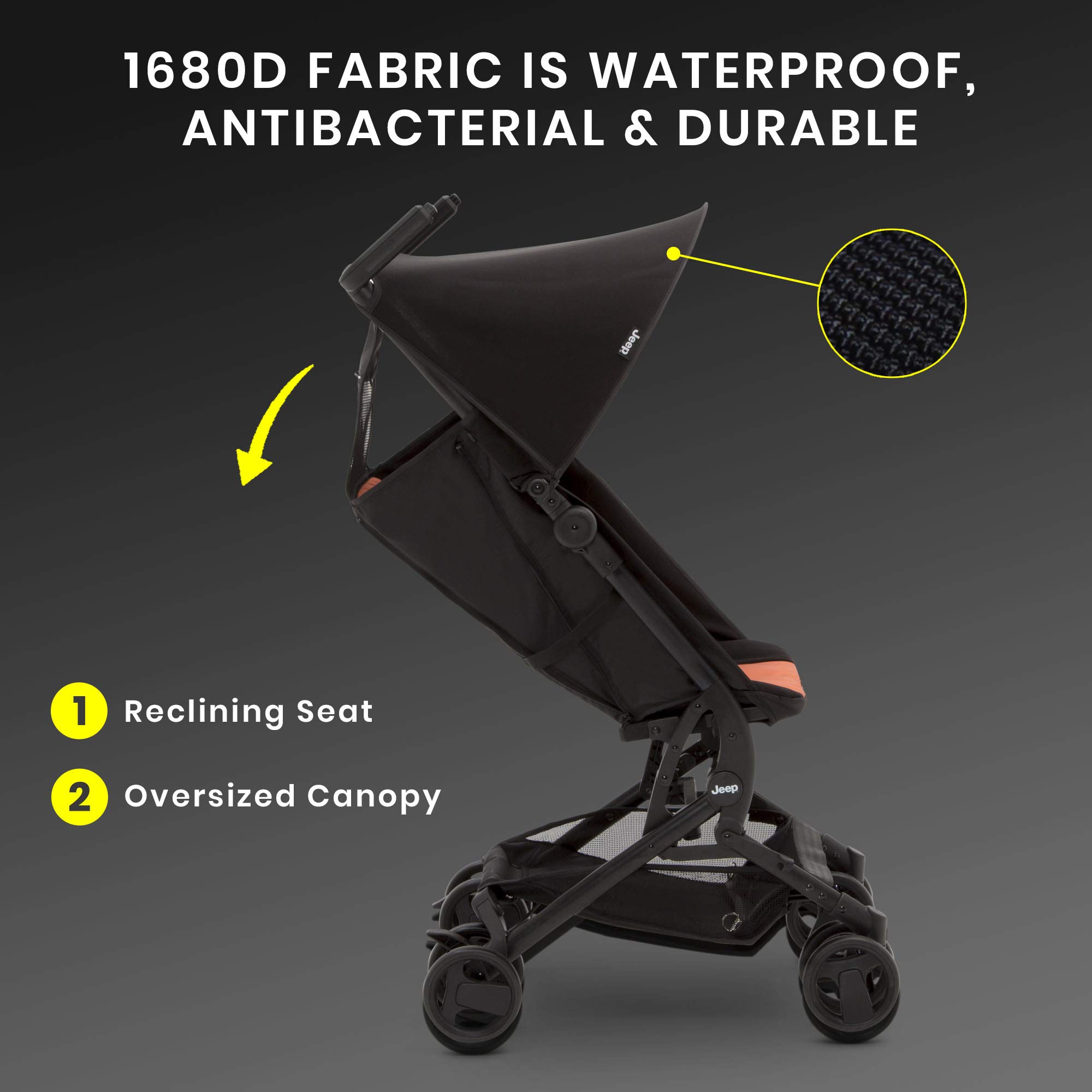 Jeep Clutch Plus Travel Stroller with Reclining Seat by Delta Children, Black/Orange