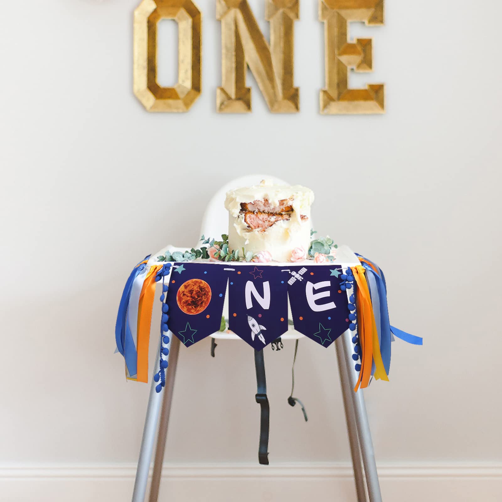 Outer Space Planets Highchair Banner 1st Birthday Boy, Space Rocket First Birthday ONE High Chair Banner Decorations, First Trip Around the Sun Party Decor Party Photo Props