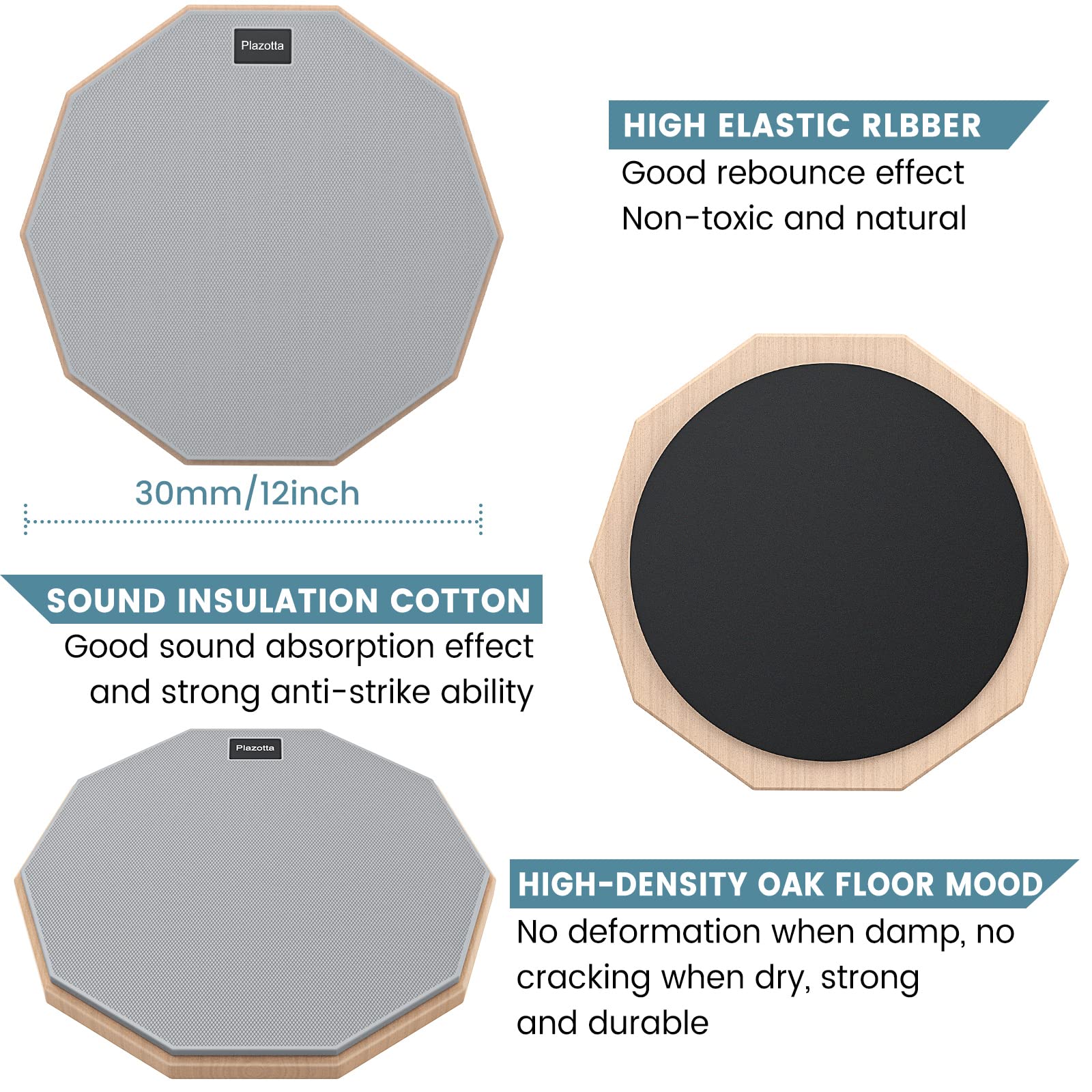 PLAZOTTA 12 Inch Silent Drum Practice Pad with 2 Pairs Drum Sticks and Storage Bag, Practice Devices Drum Pad Set, Musical Gift for Beginners, Drum Lover - Grey