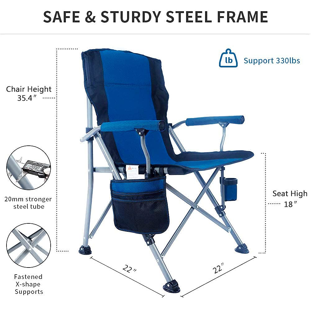 Lamberia Folding Camping Chair for Adults Heavy Duty 330 LBS Capacity Outdoor Camp Chair Thicken 600D Oxford Mesh Back Quad with Arm Rest Cup Holder and Portable Carrying Bag(Blue)