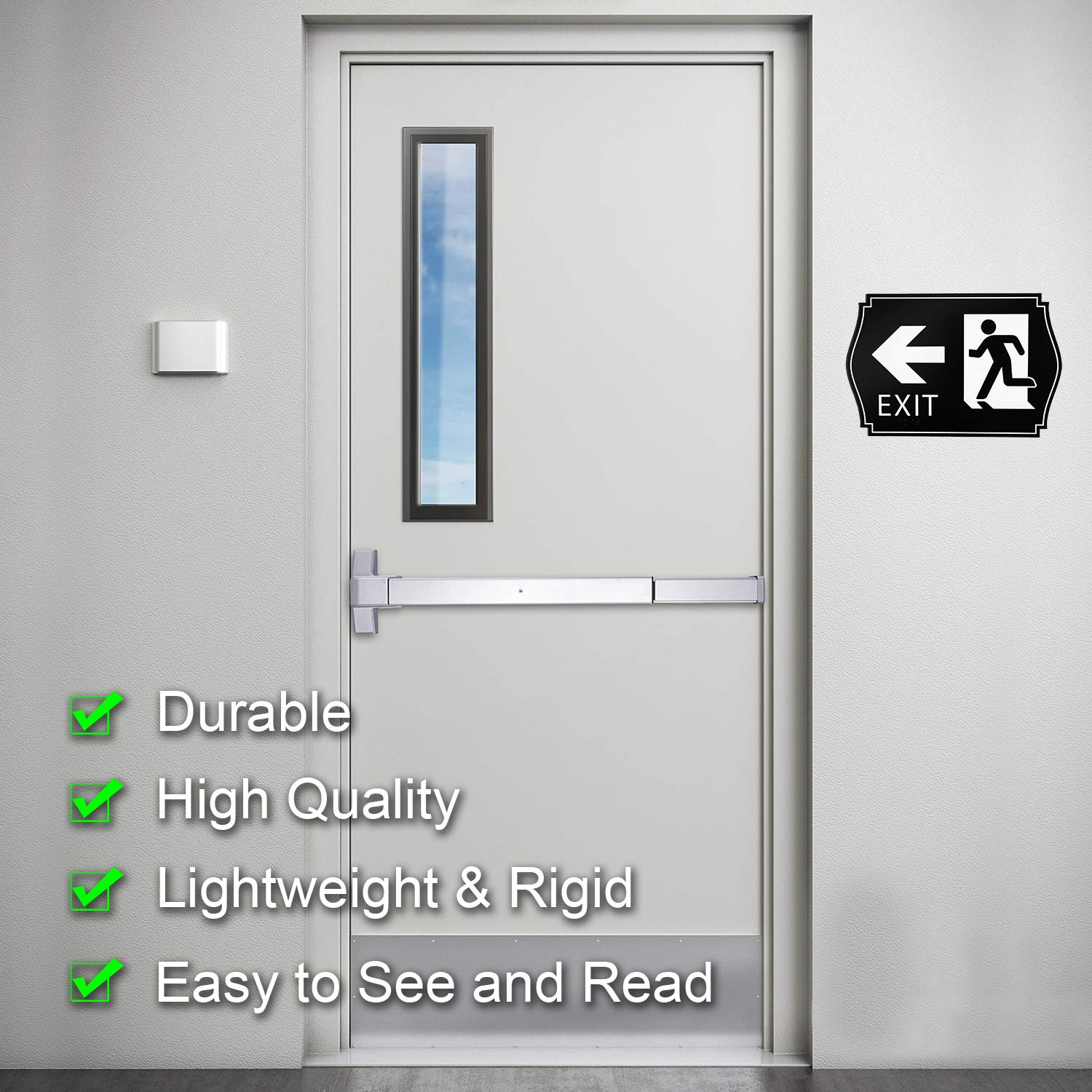 KickFire Classics Exit Sign Braille - ADA Compliant Black and White Signage, Self-Adhesive Mounted - Tactile Emergency Route Board for Office, Business, Stairwell, Home and Restaurant - Arrow Left