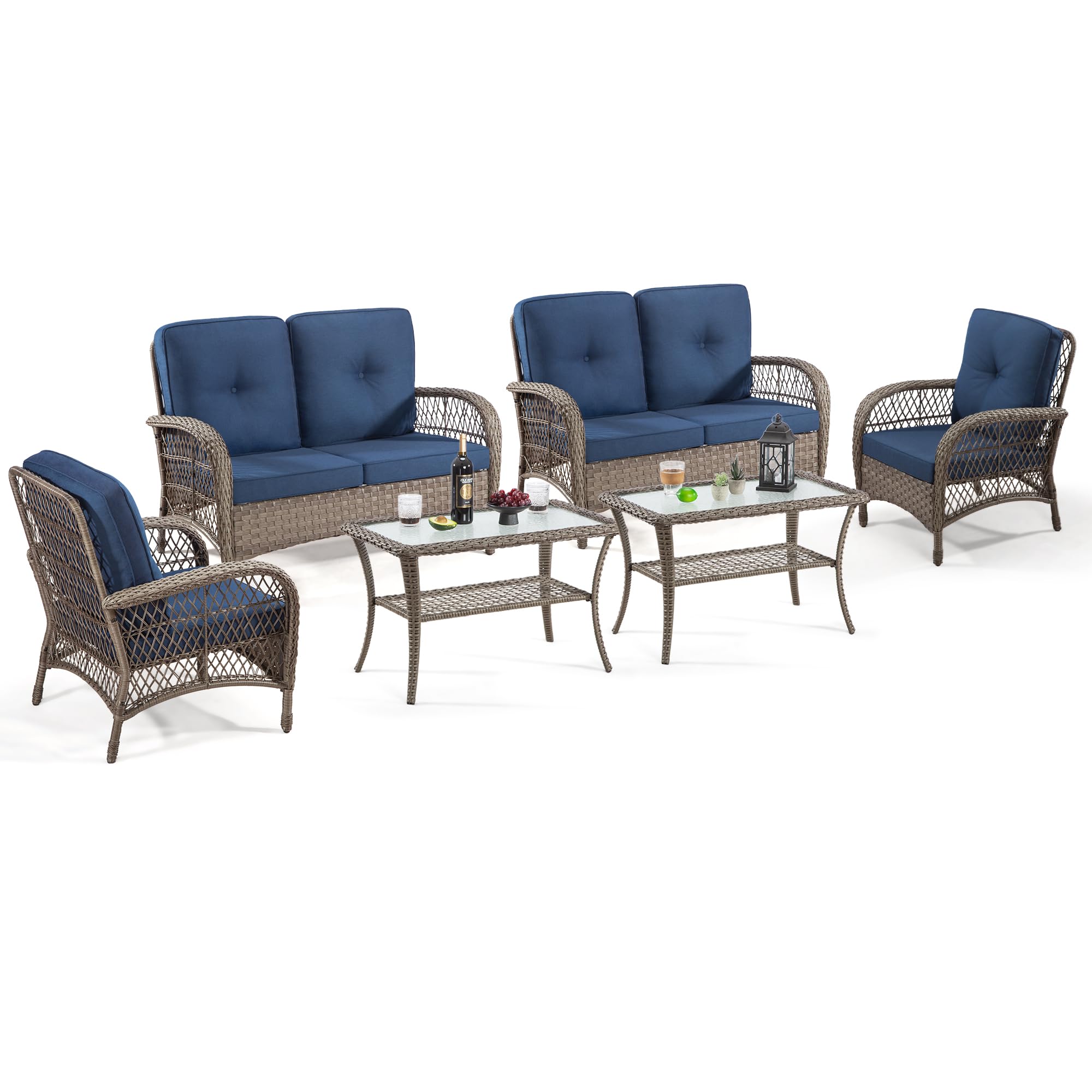 Joyside Patio Furniture Set 6-Piece Wicker Conversational Set with 2 Two-Seat Sofas, 2 Armchairs and 2 Coffee Tables - Rattan Conversation Set with Cushions(Brown mixed with gray/Beige)