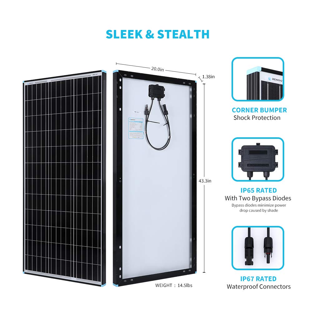 Renogy 100W Solar Panel 12 Volt Monocrystalline Sleek, Black Frame & Solar Panel Mounting Z Brackets Lightweight Aluminum Corrosion-Free Construction