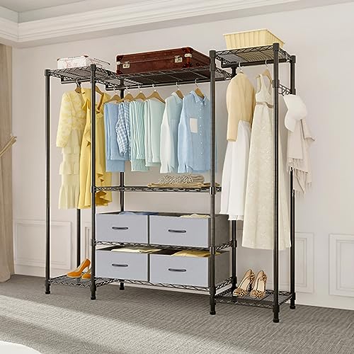 Wekity Wire Garment Rack Heavy Duty Clothes Rack,Closet Organizer Metal Garment Rack Portable Clothes Hanger Home Shelf Fabric Drawers,Freestanding Closet Wardrobe (Black)